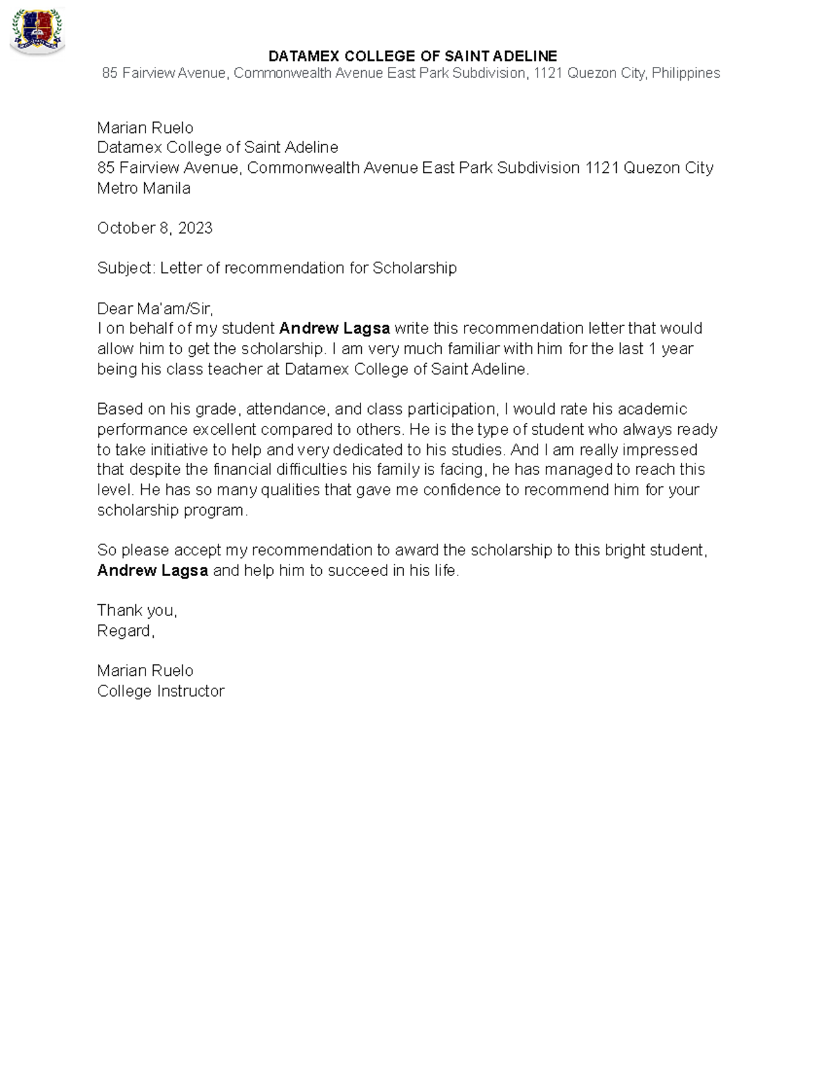 Recommendation-Letter - DATAMEX COLLEGE OF SAINT ADELINE 85 Fairview ...