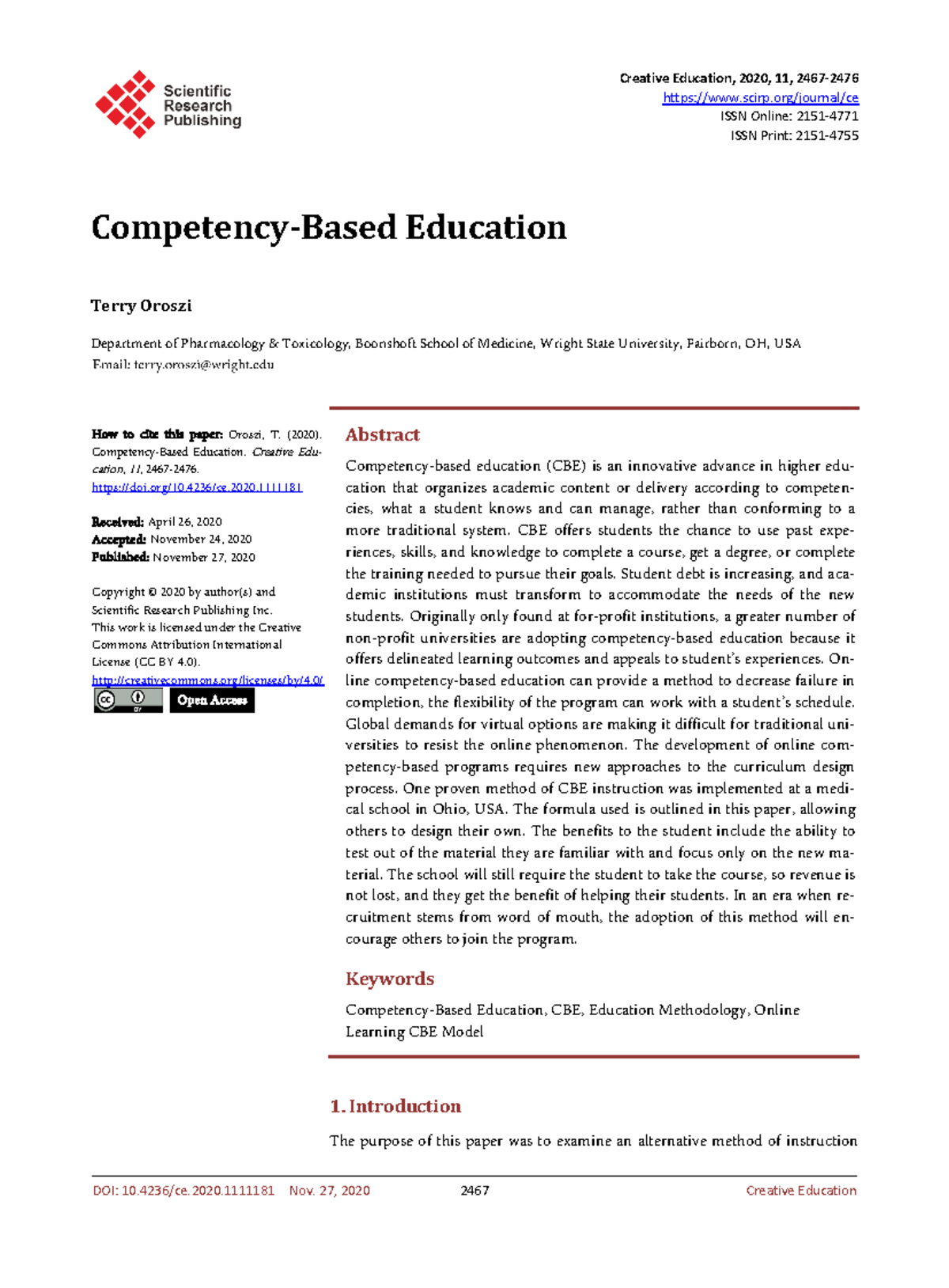 Competency-Based Education - Creative Education, 2020, 11, 2467- scirp ...