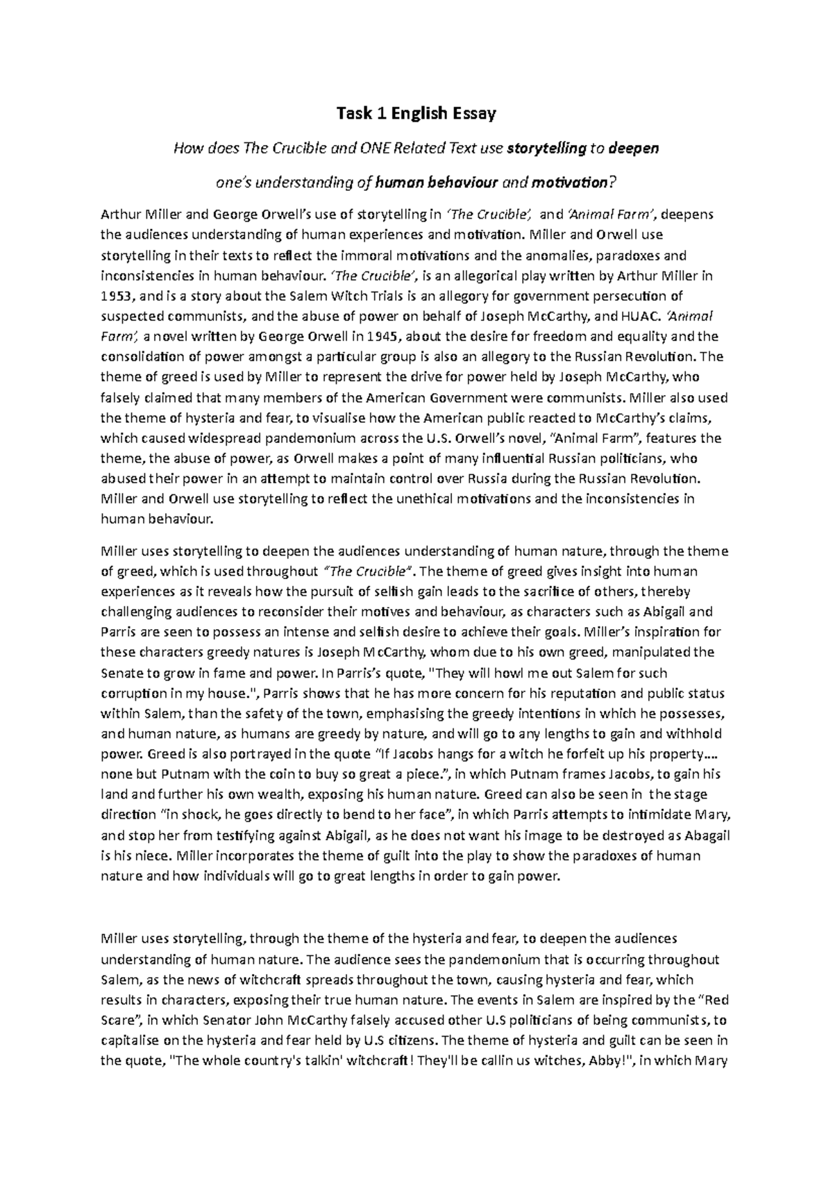 Task 1 English Essay - n/a - Task 1 English Essay How does The Crucible ...