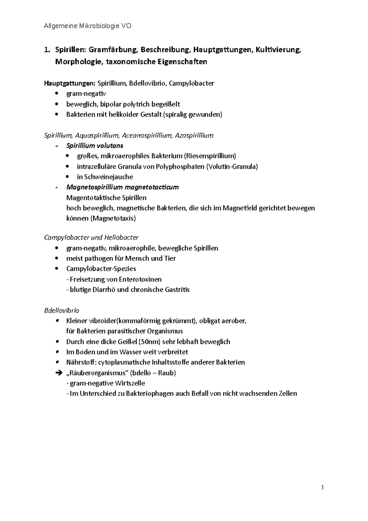 Allg Mibi VO Zusammenfassung - 1. Spirillen: Gramfärbung, Beschreibung ...