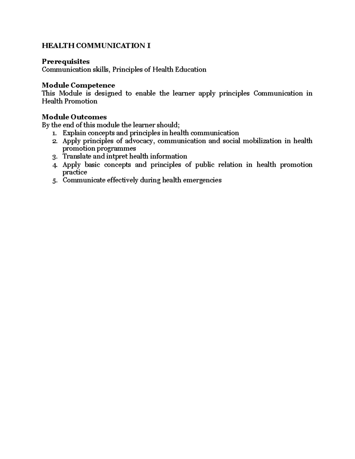 Health Communication 1 - HEALTH COMMUNICATION I Prerequisites ...