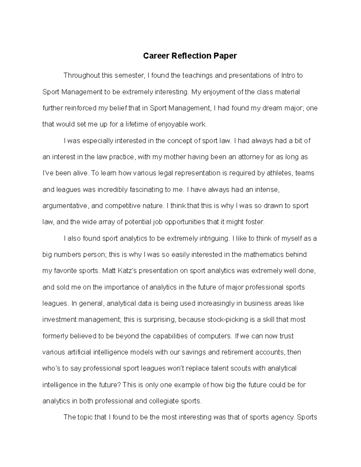 SMGT Career Reflection Paper - Ben Cantwell - Career Reflection Paper ...