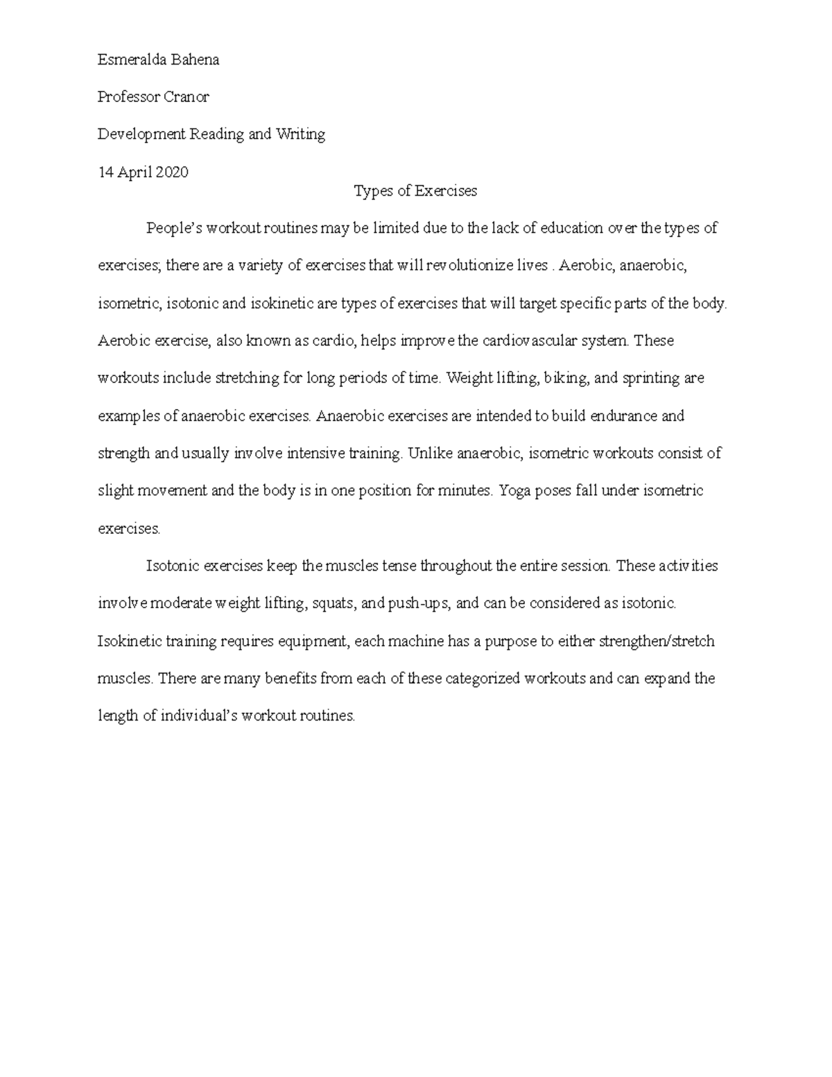 Types of Exercises - Comp I Essay - Esmeralda Bahena Professor Cranor ...