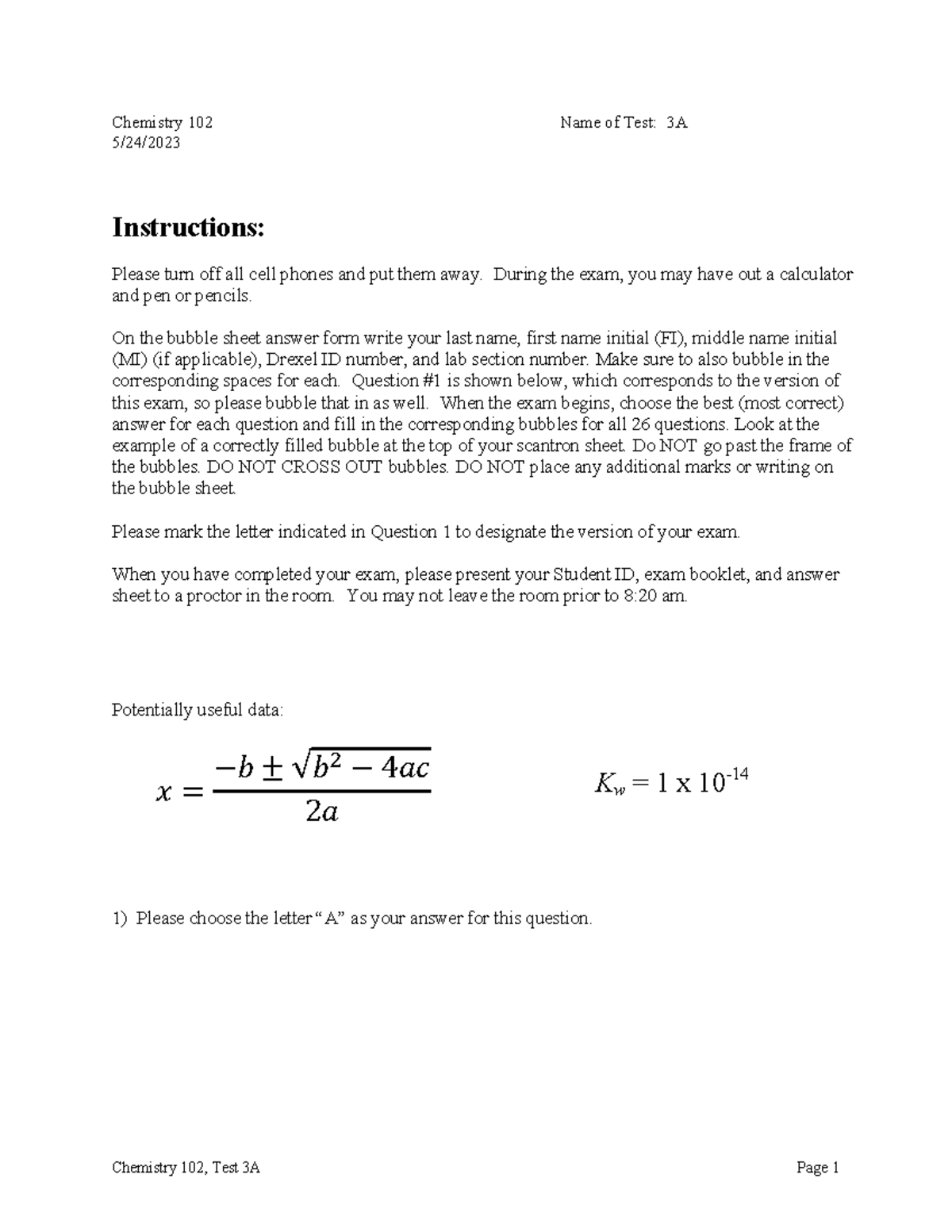 Exam 3 Spring 2022-23 - Exam from previous year - Chemistry 102 Name of ...