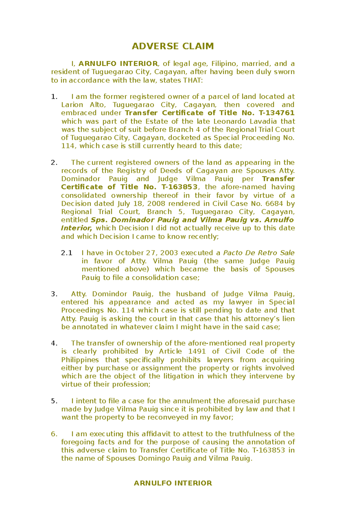 Adverse Claim - legform - ADVERSE CLAIM I, ARNULFO INTERIOR, of legal ...