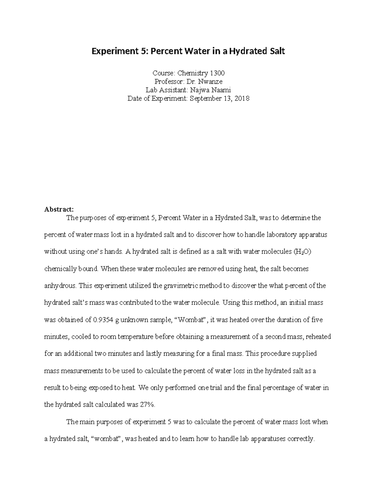 Chem Lab Report #1 Salt - practice - Experiment 5: Percent Water in a ...