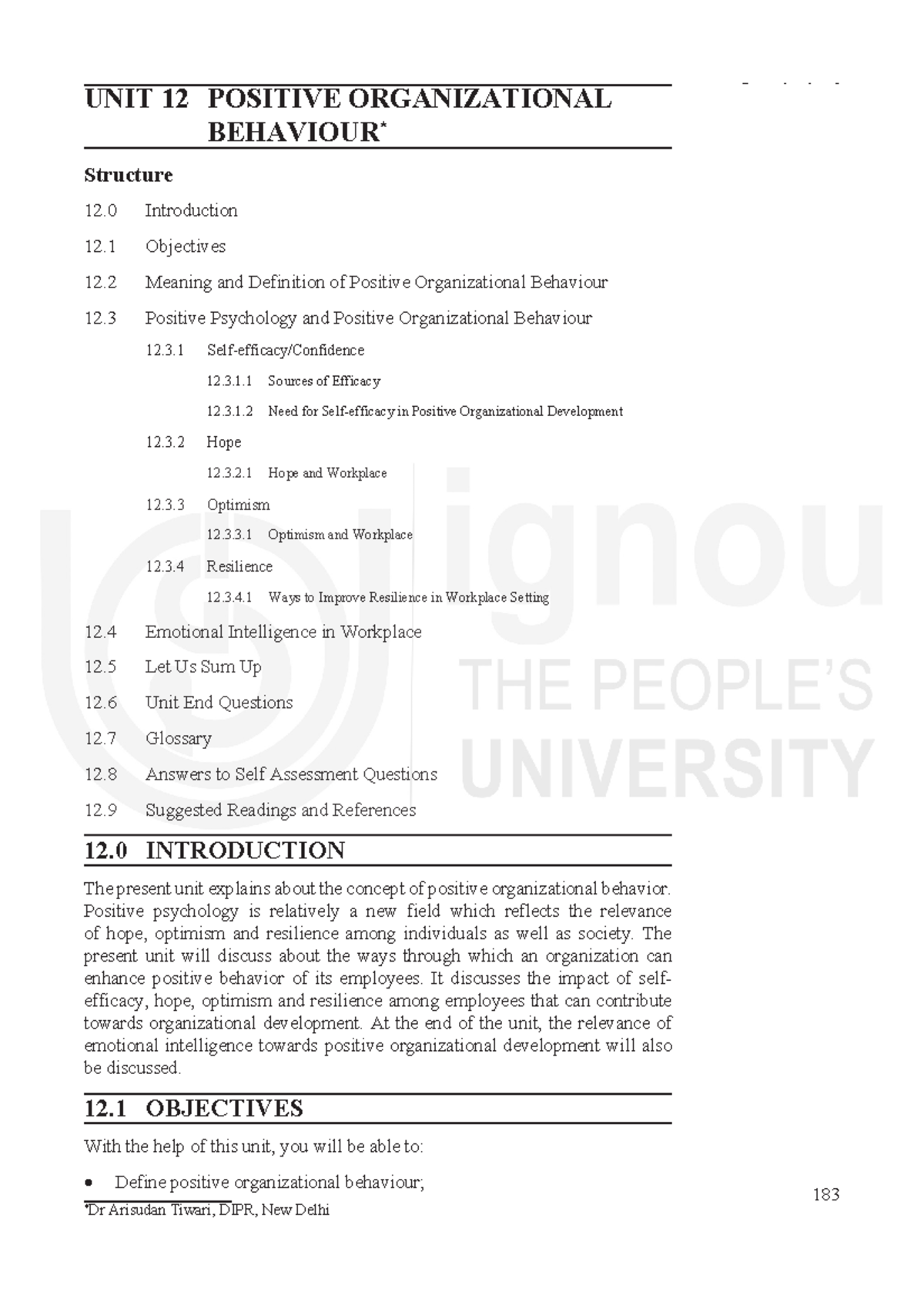 Unit 4 IO a - 183 UNIT 12 POSITIVE ORGANIZATIONAL Development BEHAVIOUR ...