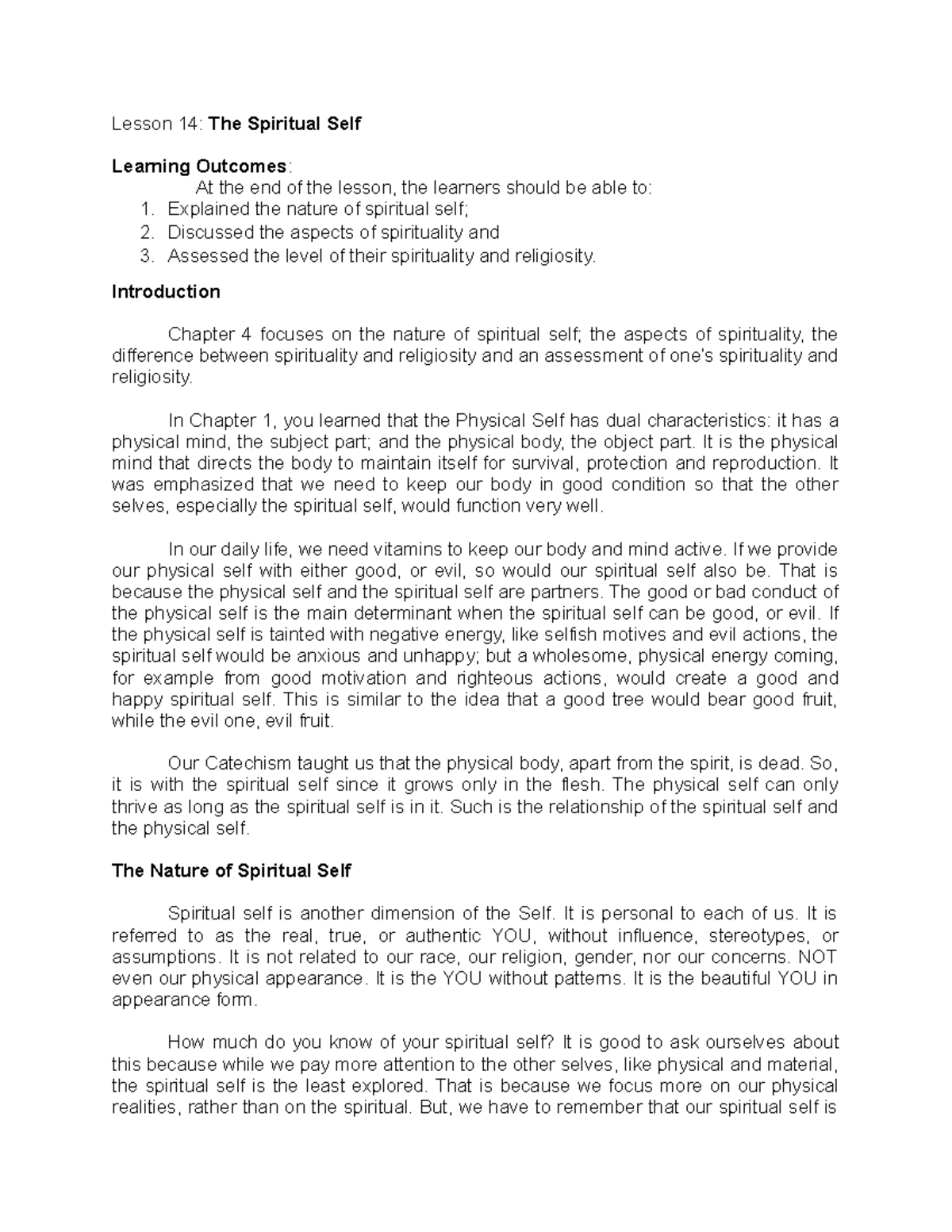 Lesson 14 - understanding self - Lesson 14: The Spiritual Self Learning ...