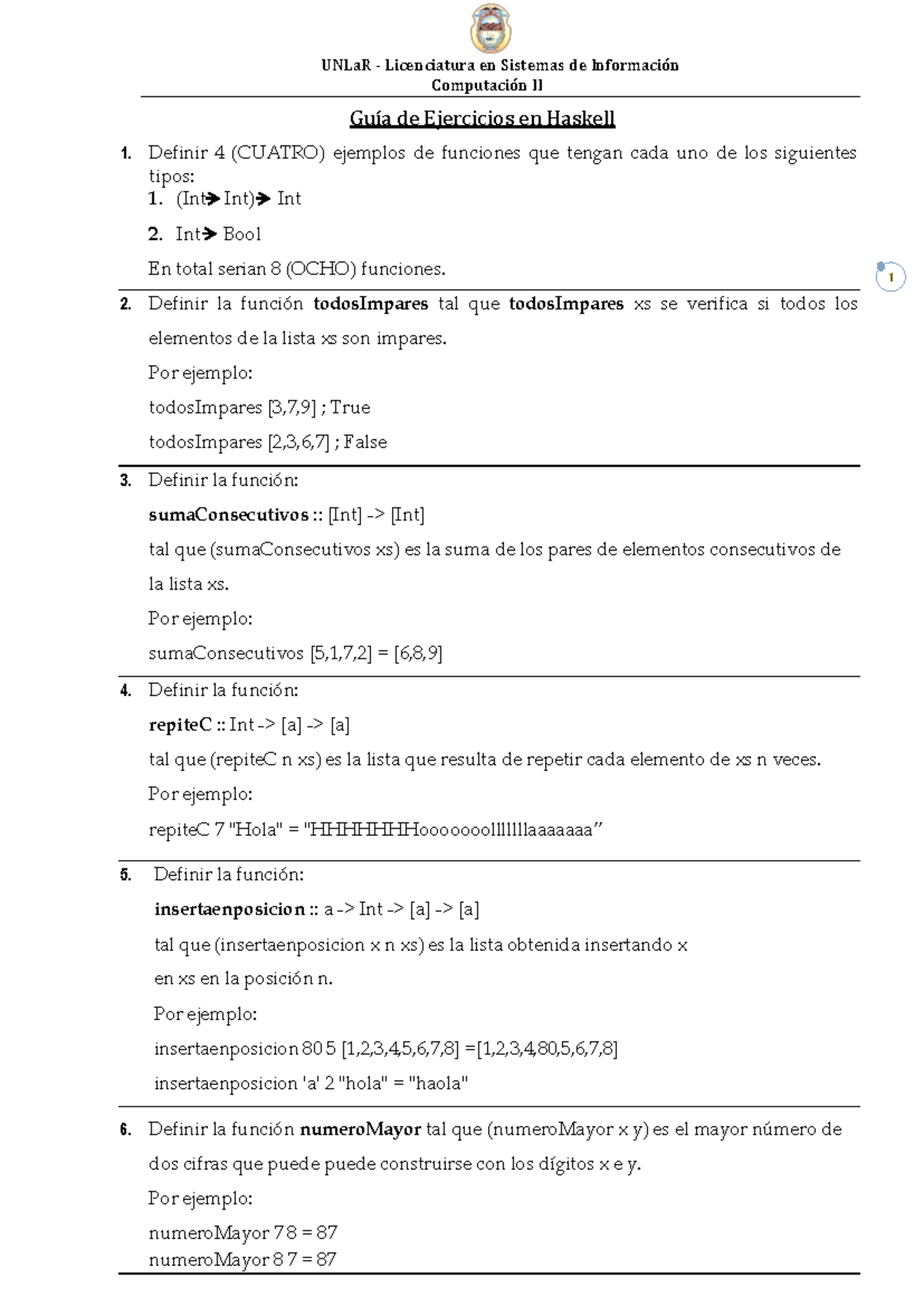 3° Guía de Ejercicios en Haskell - Computación II - Año 2024 - Computación II 1 Guía de ...