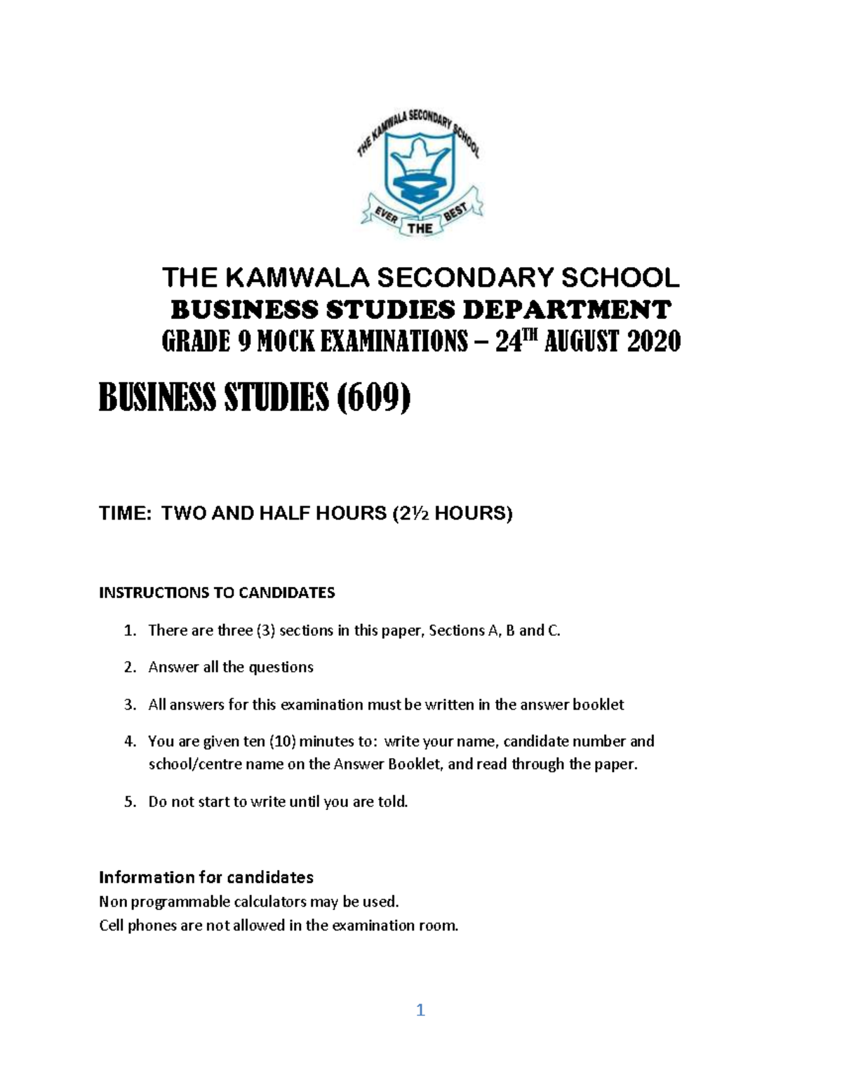 03. Busines Studies Mock Exam-1 - THE KAMWALA SECONDARY SCHOOL BUSINESS ...