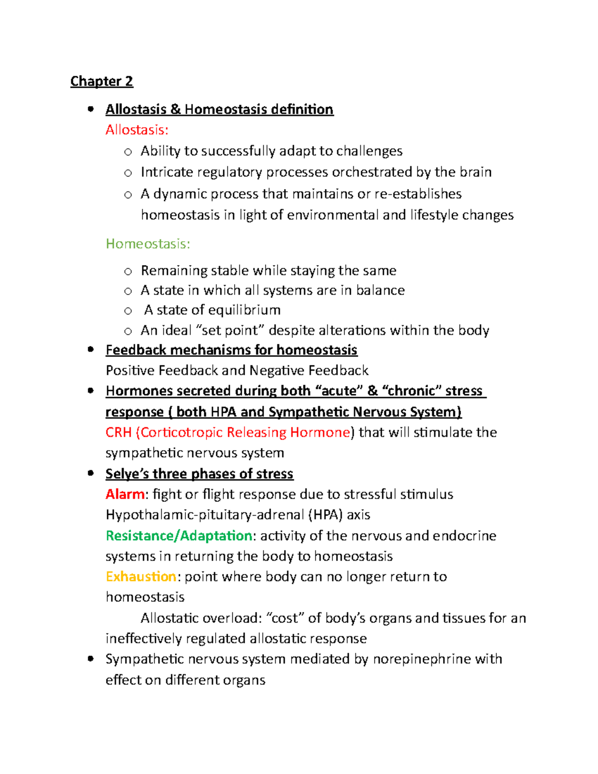 Chapter 2 Notes - Homeostasis and Adaptive Responses to Stressors ...