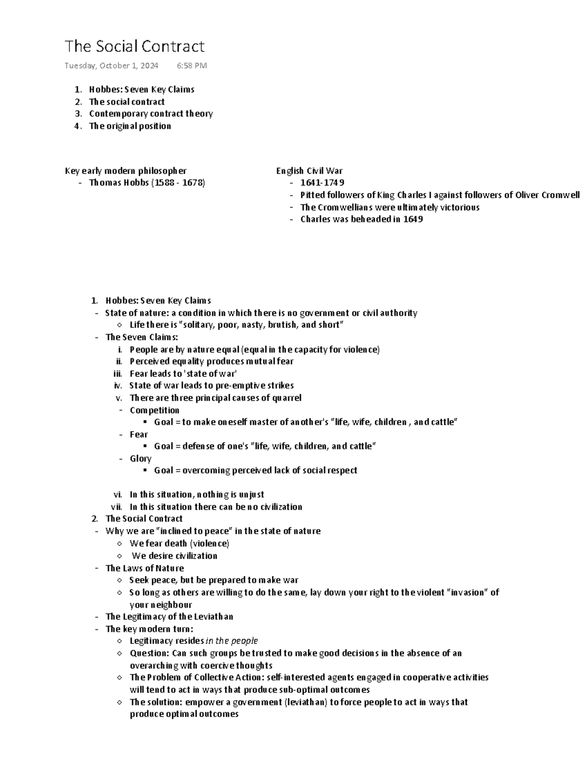 Philosphynotes - Notes - Hobbes: Seven Key Claims The social contract ...