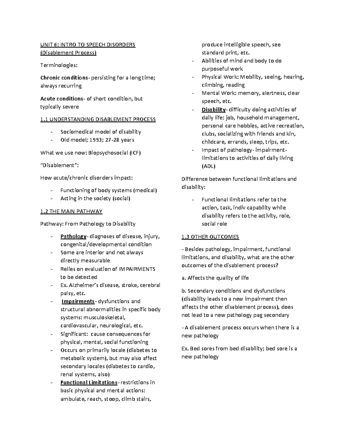 SLP1 1- Lesson 6 (Disablement Process) - UNIT 6: INTRO TO SPEECH ...