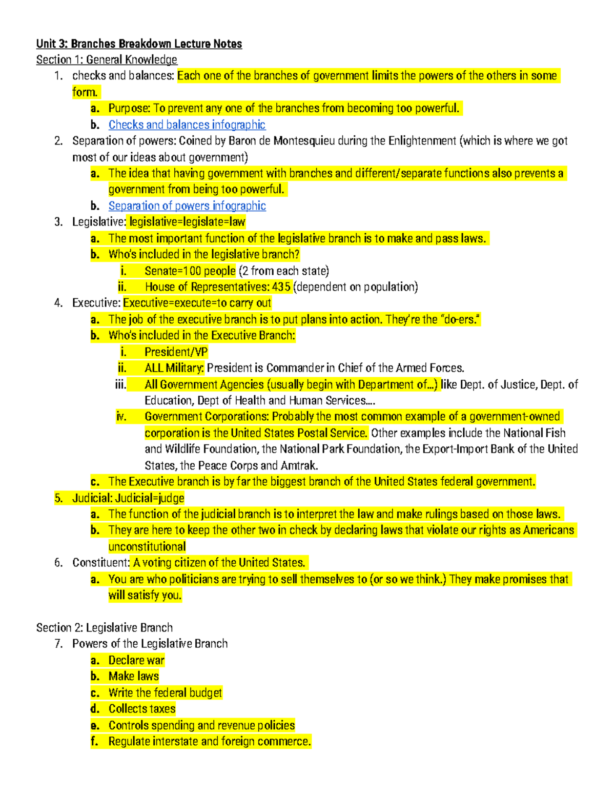 Unit 3 Branches Breakdown Lecture Notes - checks and balances: Each one ...