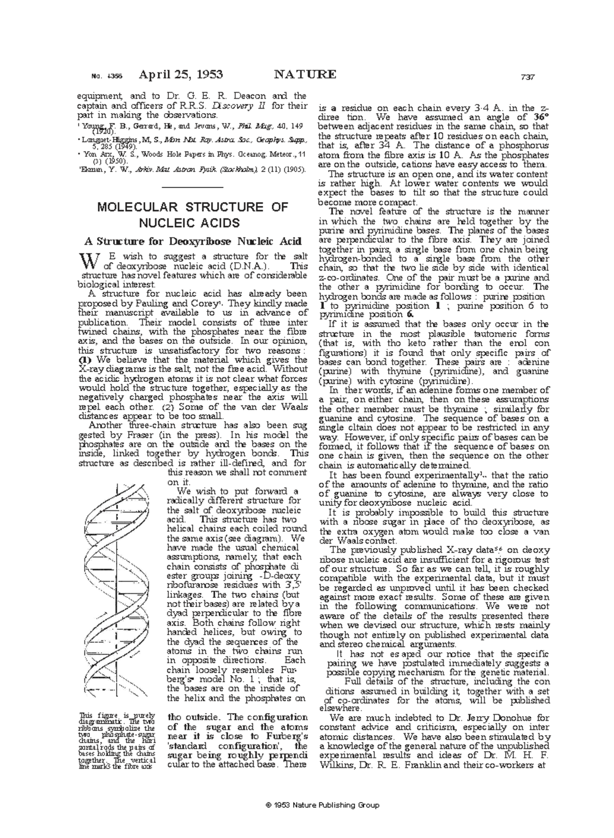 Watson Crick 1953 - © 1953 Nature Publishing Group No. 4356 April 25 ...