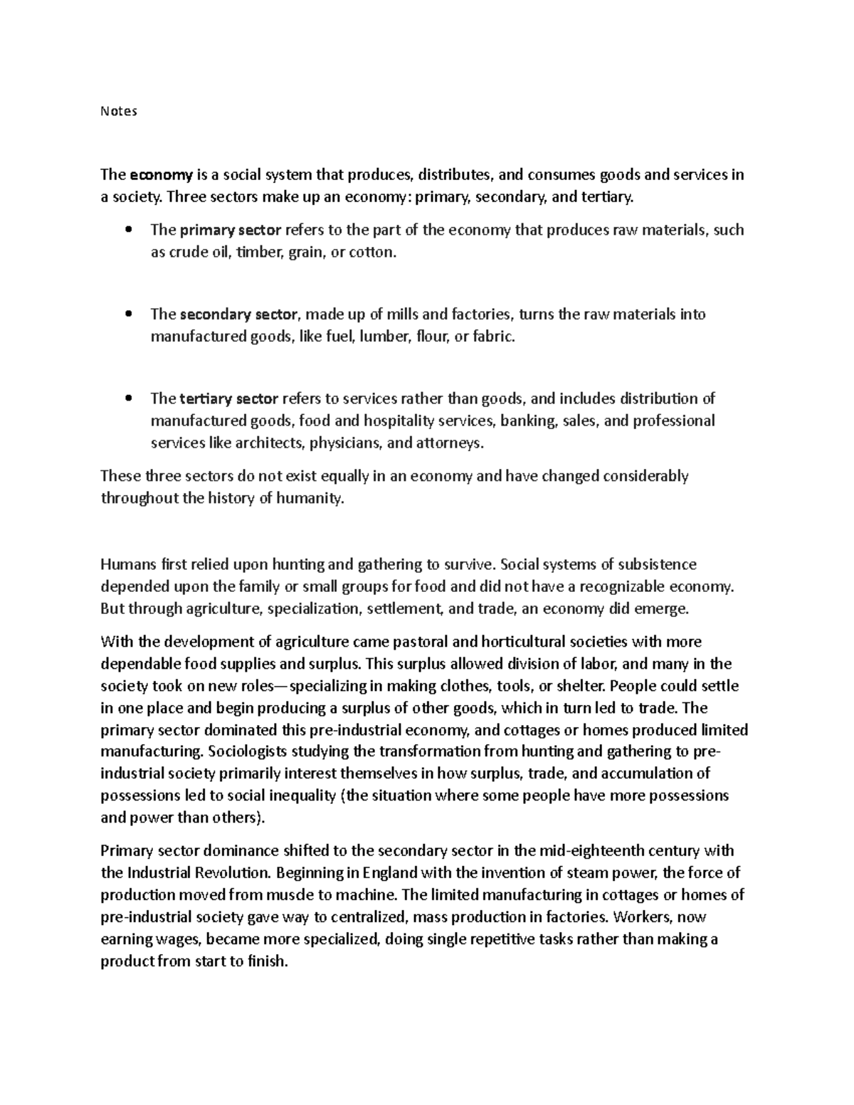 Document 190 - intro to sociology - Notes The economy is a social ...