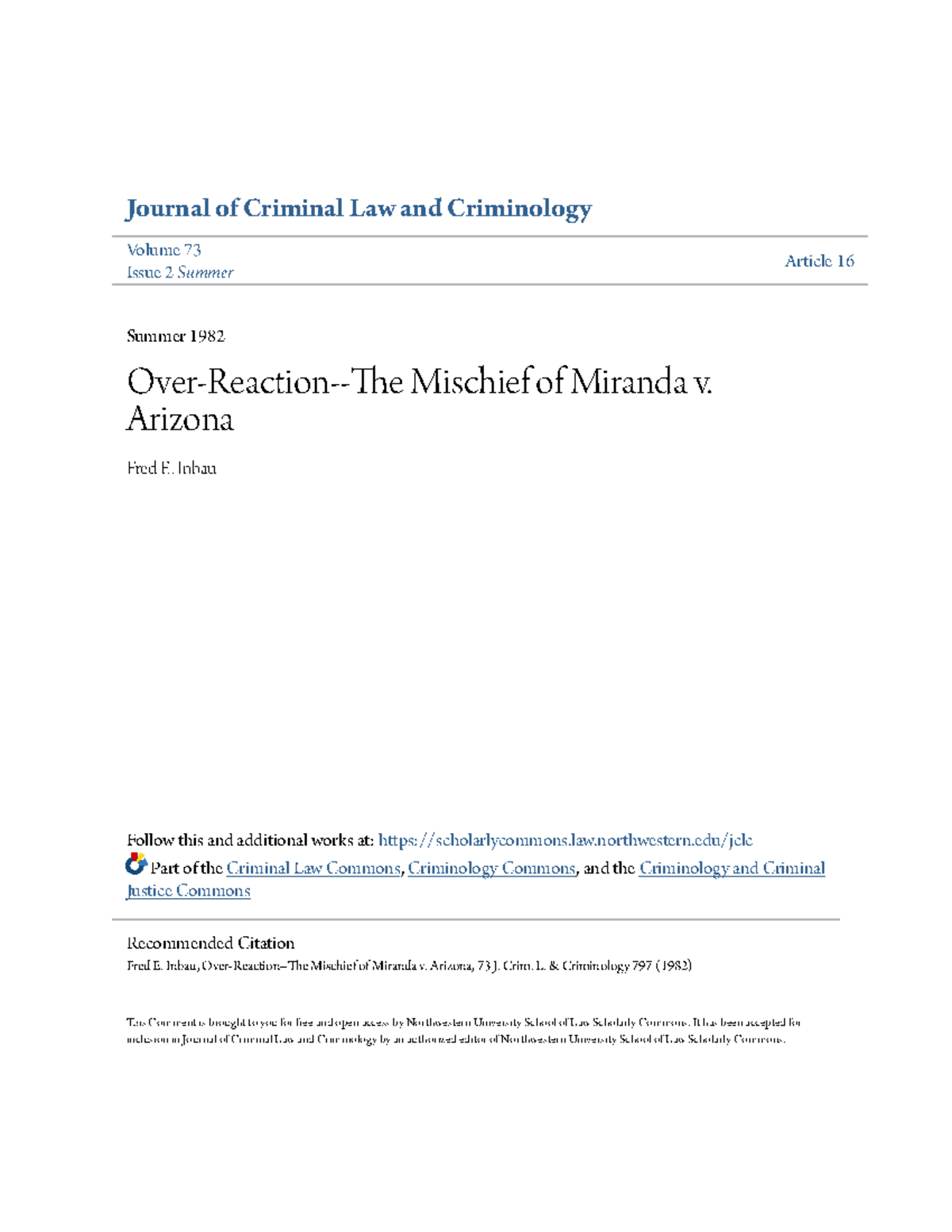 Over-Reaction-The Mischief of Miranda v. Arizona - Journal of Criminal ...
