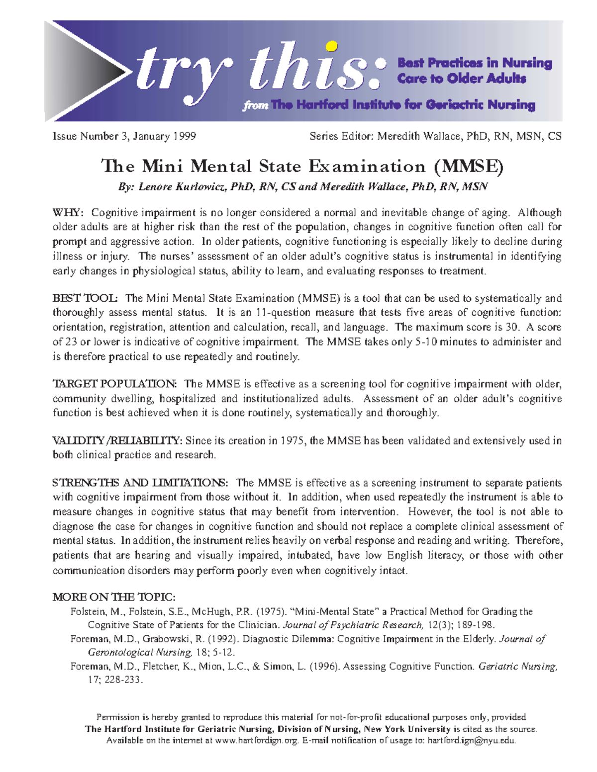 Mini mental exam - Issue Number 3, January 1999 Series Editor: Meredith ...