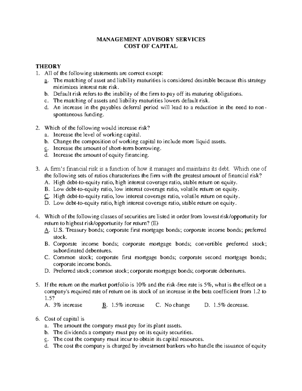 MAS COC Part 1 - Management Advisory Services - Cost of Capital Quizzer ...