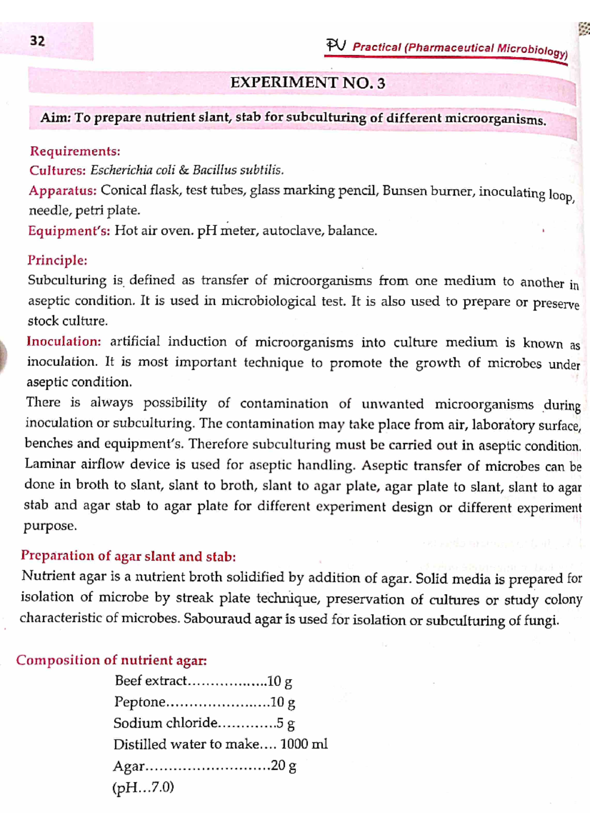 To Prepare nutrient slant, stab for subculturing of different ...
