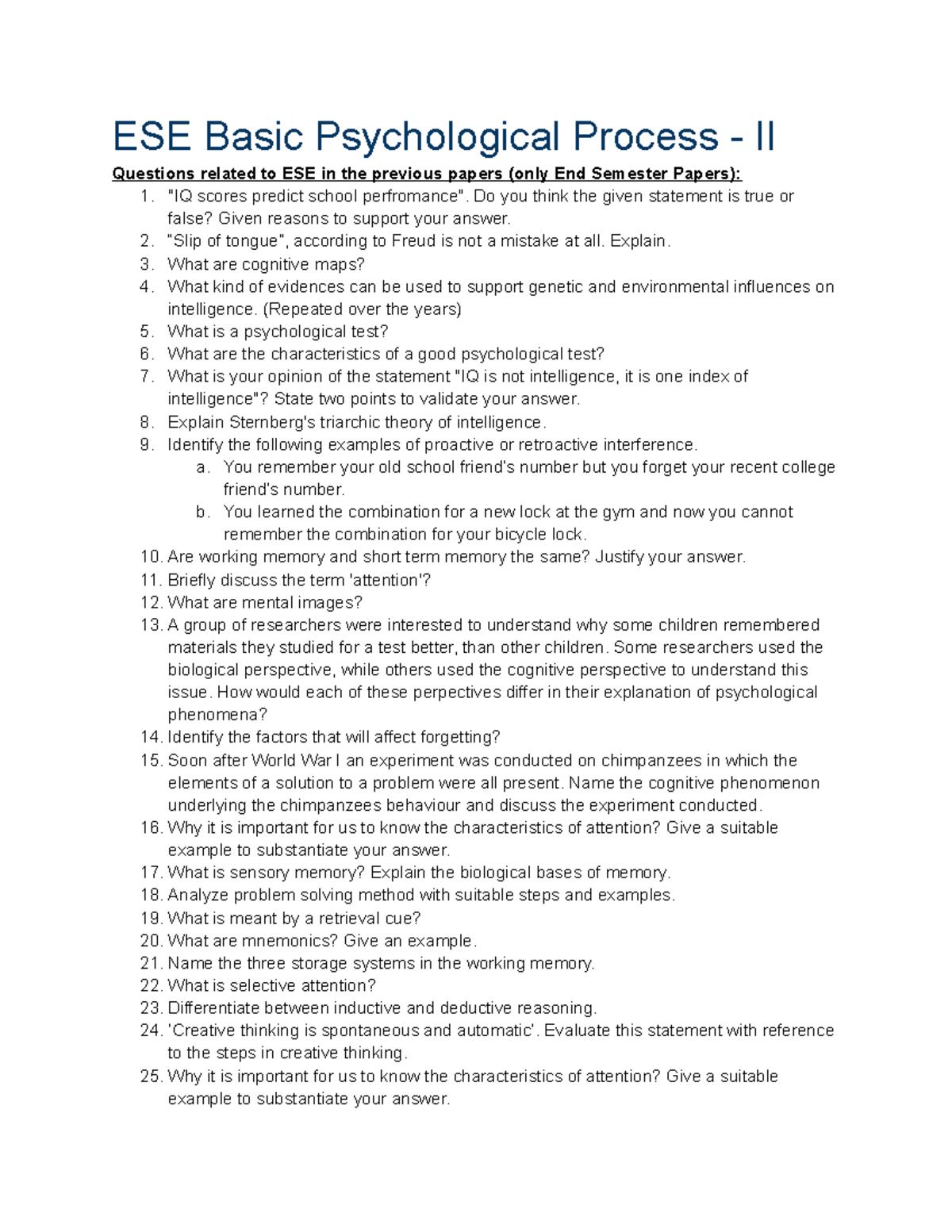 ESE Basic Psychological Process - II - ESE Basic Psychological Process - II Questions related to ...