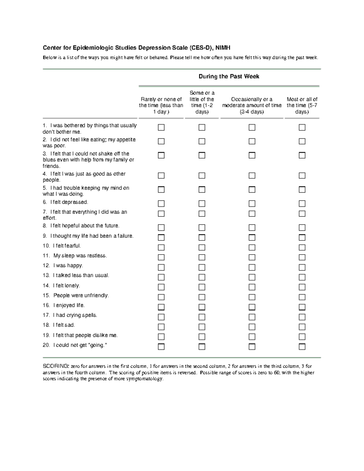 Depression questionnaire - Center for Epidemiologic Studies Depression ...