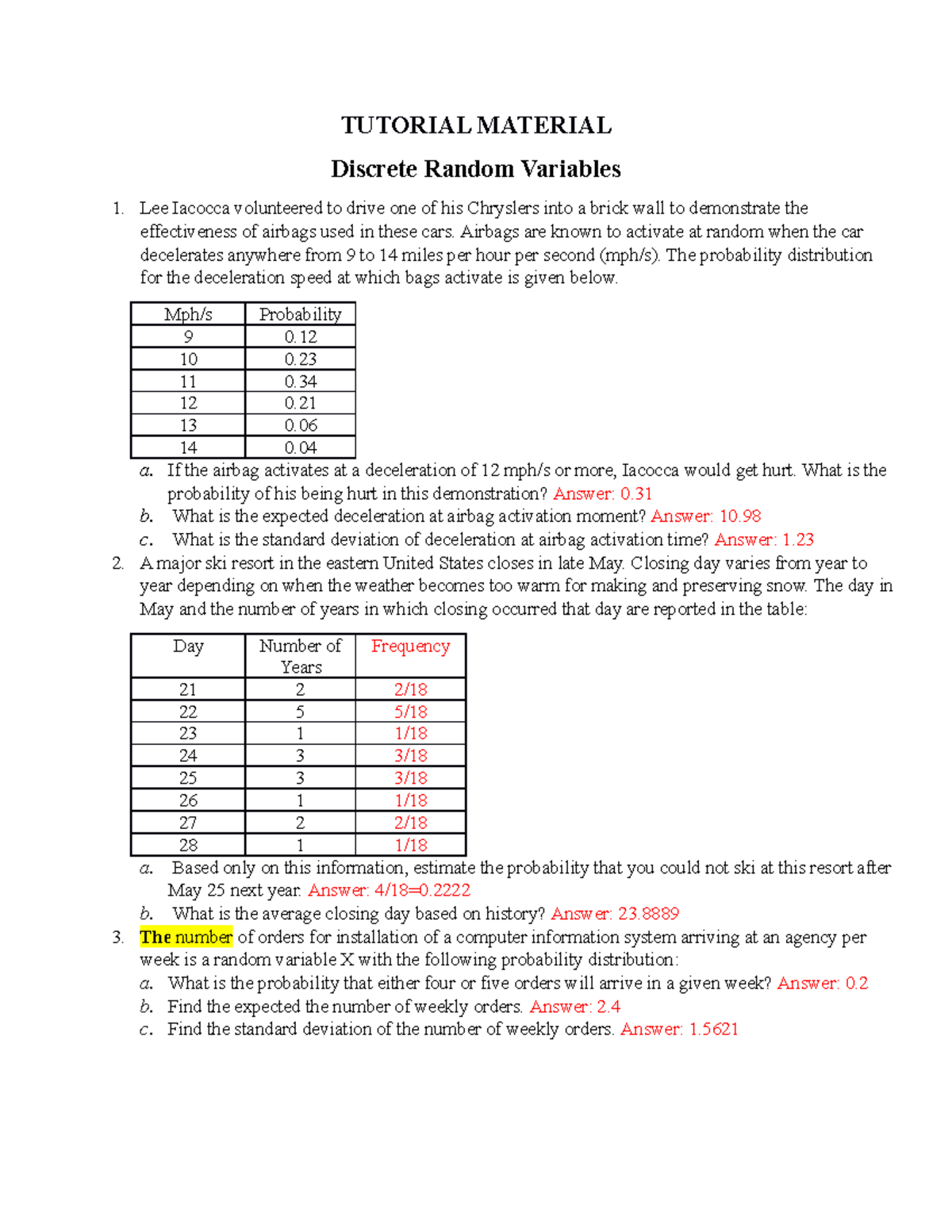 Chap 6 exercises (answer) - TUTORIAL MATERIAL Discrete Random Variables ...