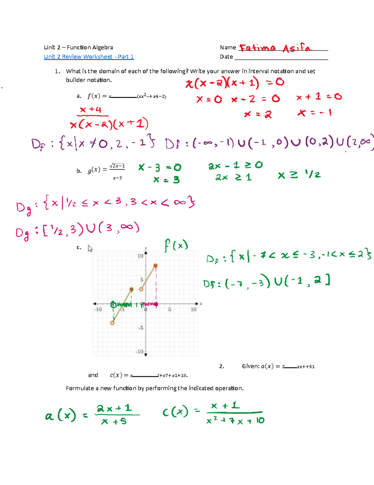 Unit 2 Review Worksheet 1 - Unit 2 – Function Algebra Name ...