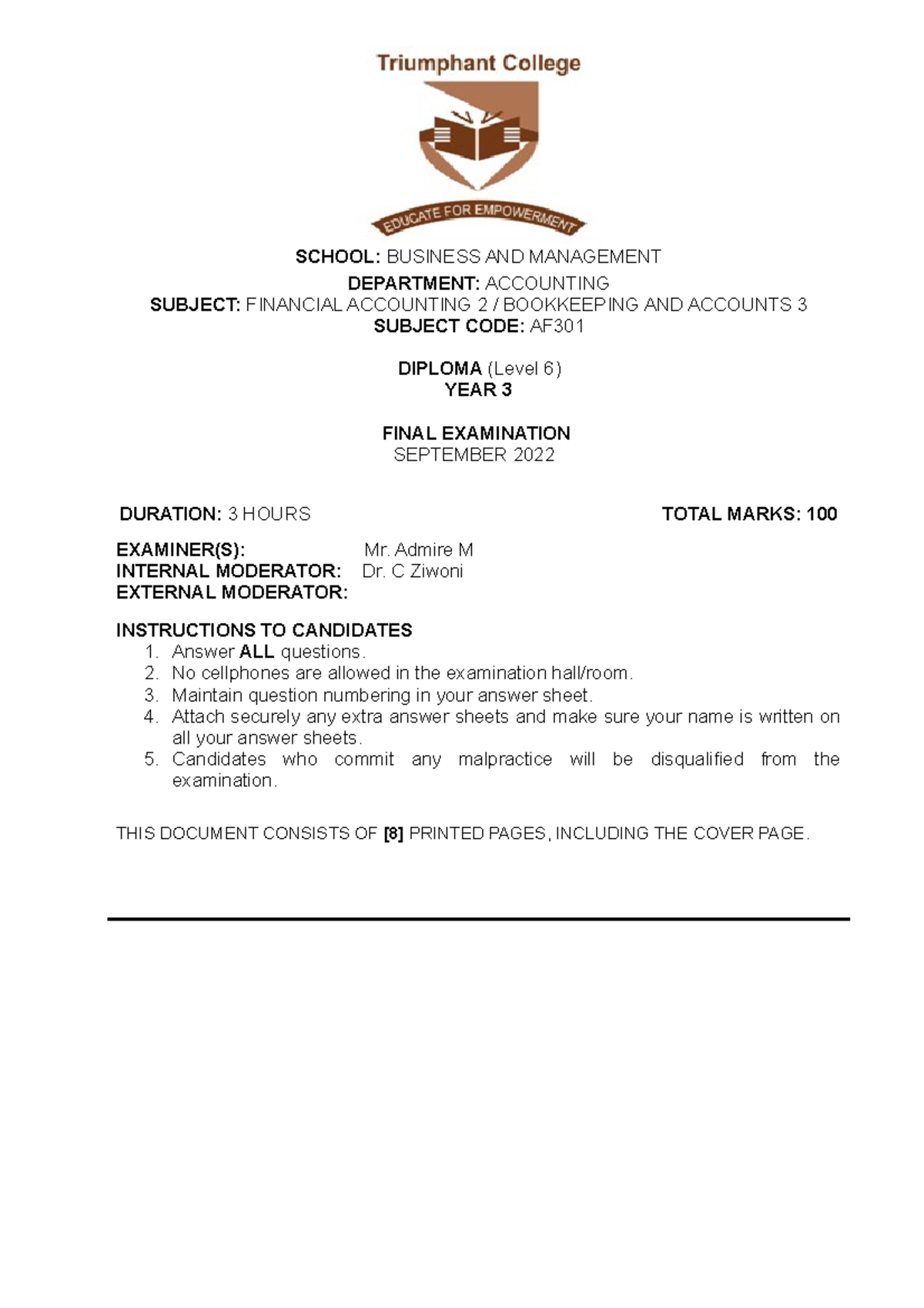 Financial Accounting 2: Bookkeeping 3 -EXAM Question Paper - SCHOOL ...