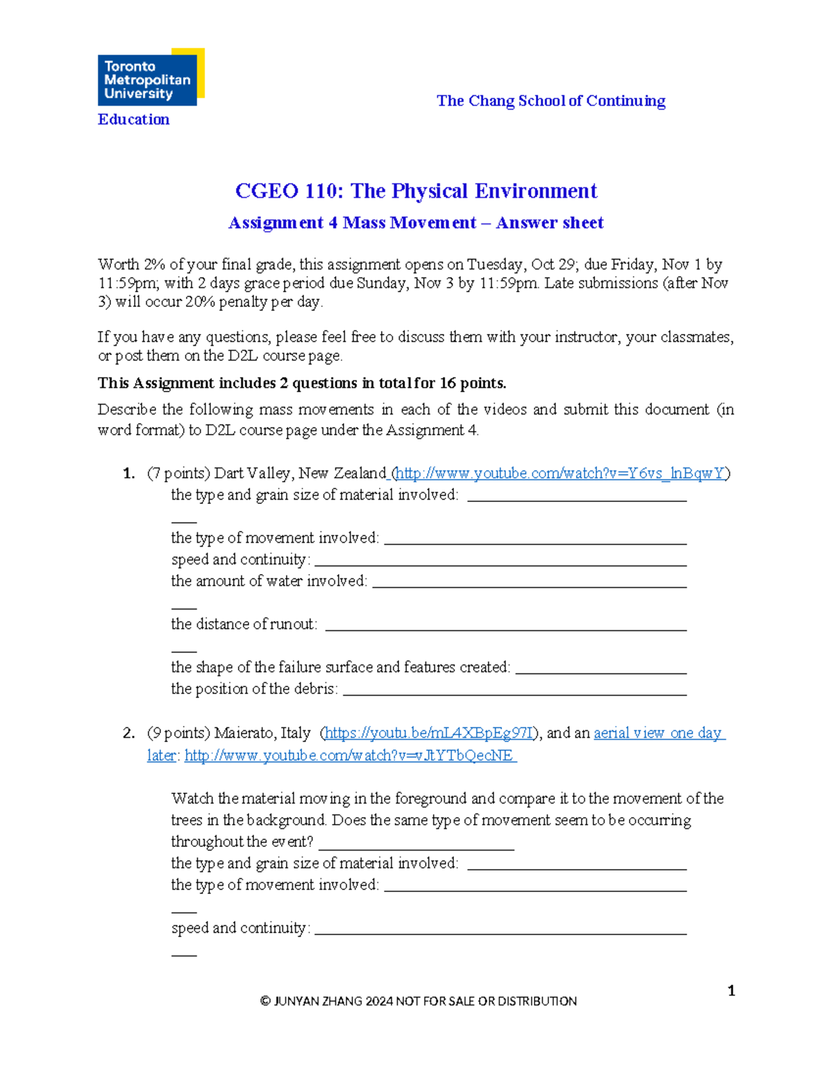 Assignment 4 Answer sheet - © JUNYAN ZHANG 2024 NOT FOR SALE OR ...