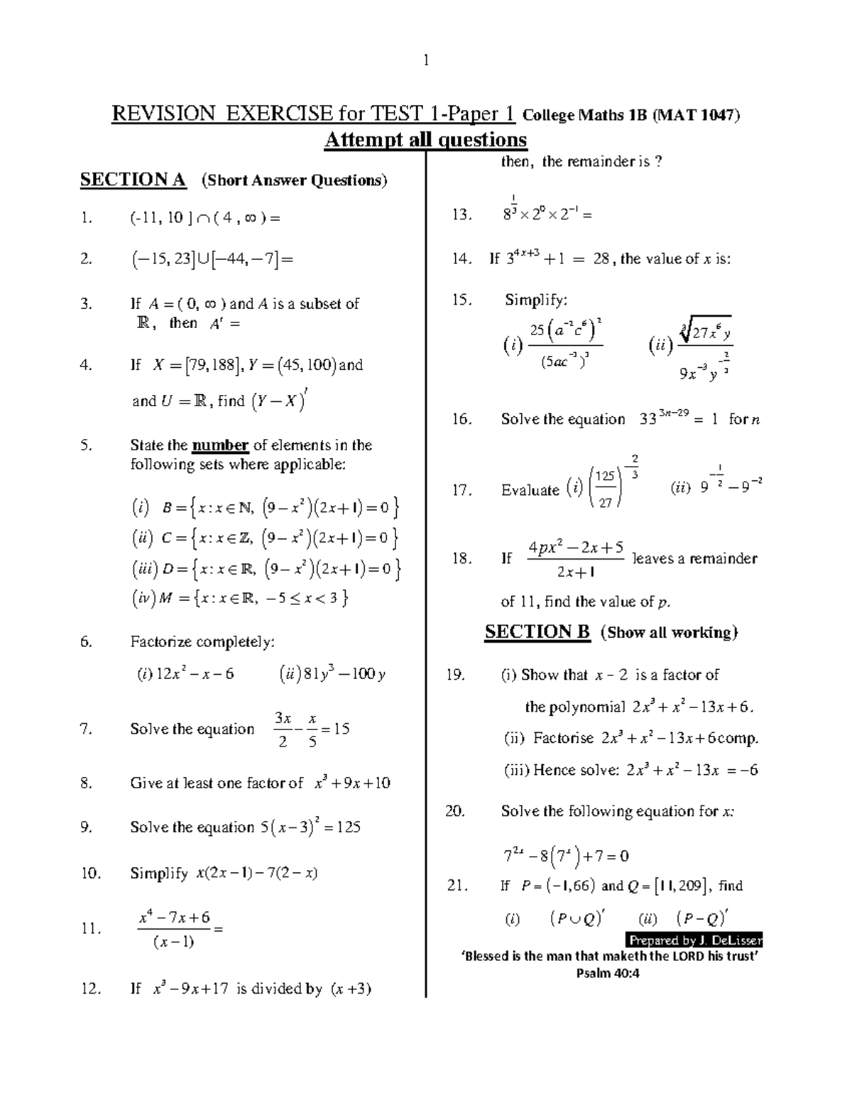 Revision Exercise for Test 1 - Paper 1 - 1 REVISION EXERCISE for TEST 1 ...