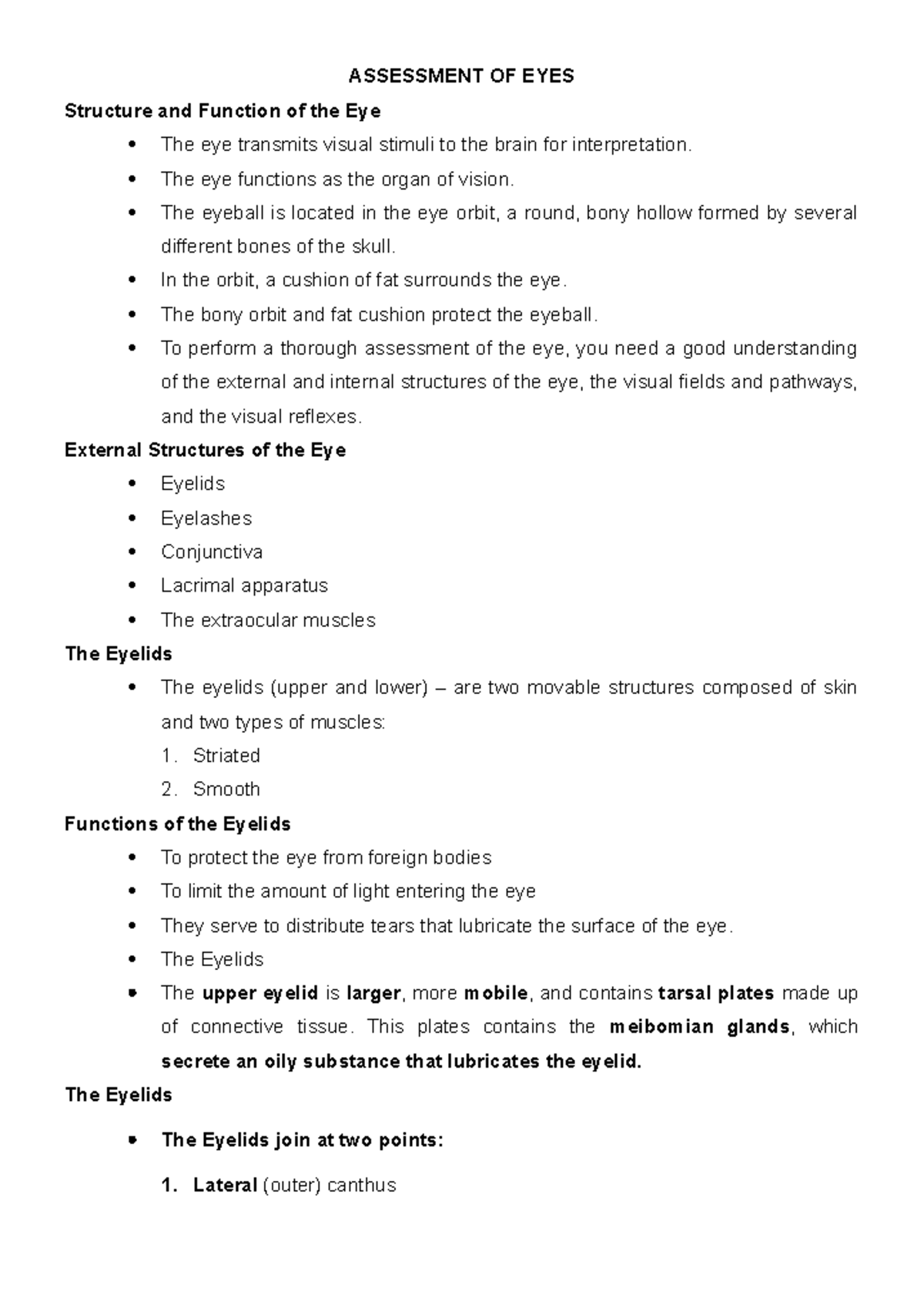 Assessment OF EYES - ASSESSMENT OF EYES Structure and Function of the ...