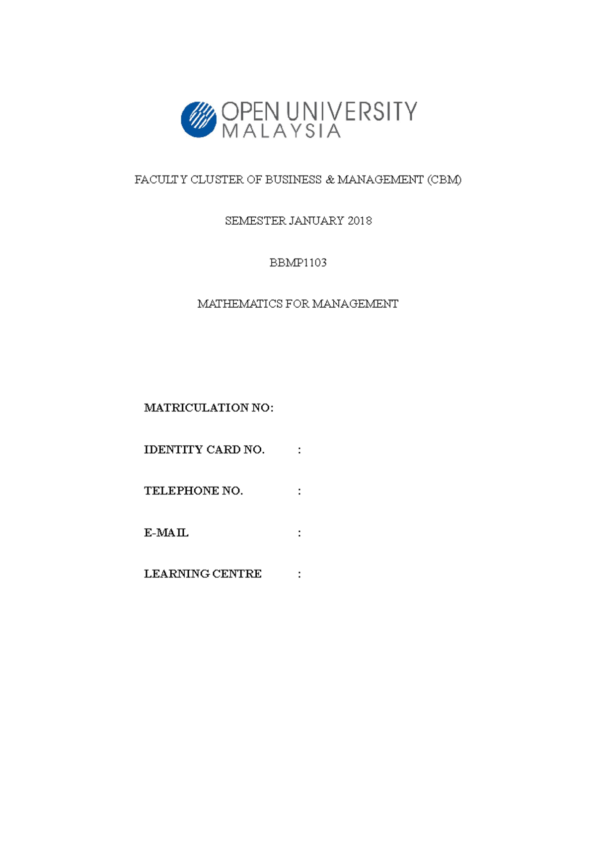 Assignment Mathematics for Management - FACULTY CLUSTER OF BUSINESS ...