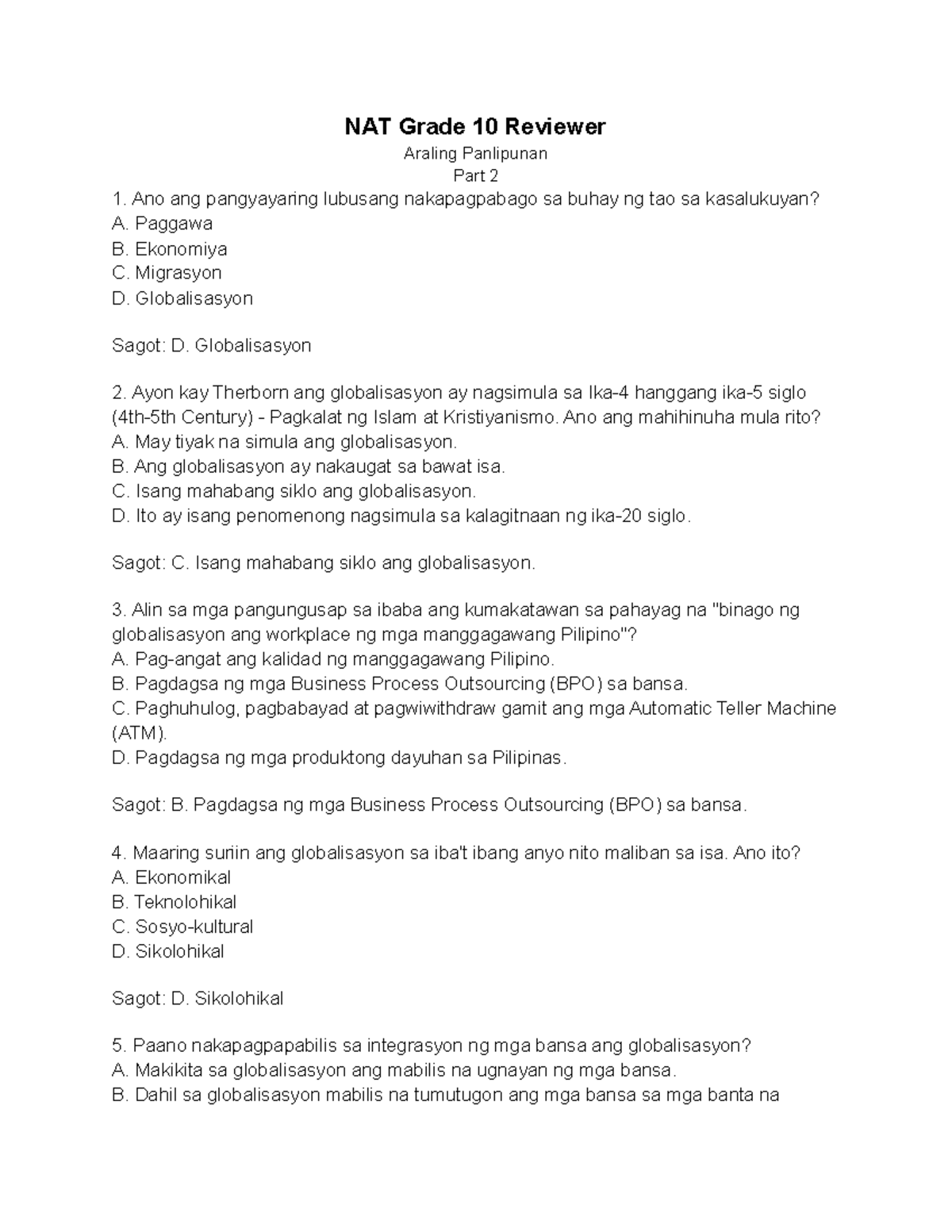 NAT Grade 10 Reviewer (Araling Panlipunan) Part 2 - NAT Grade 10 ...