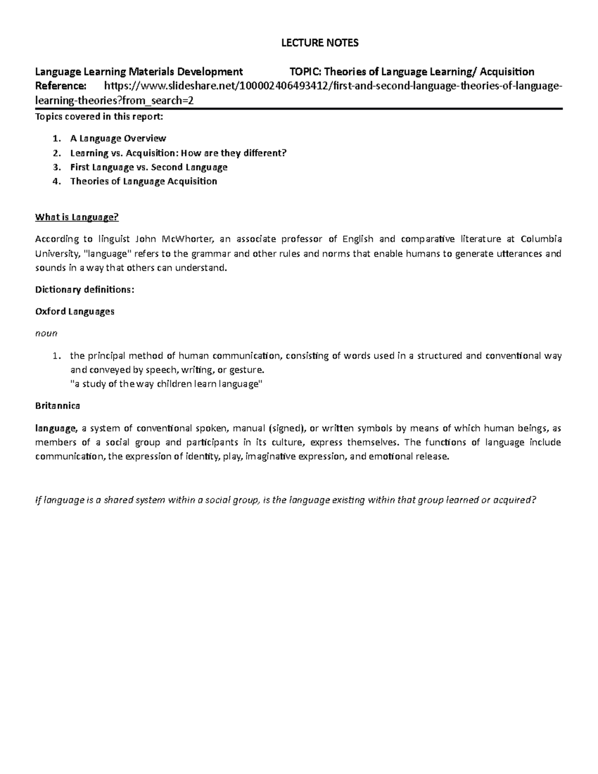 1 Lecture Note Language Learningacquisition Theories - LECTURE NOTES ...