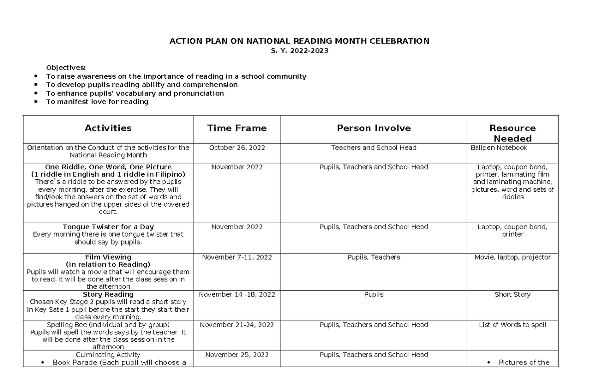 Action PLAN IN Reading - for reference - ACTION PLAN ON NATIONAL ...