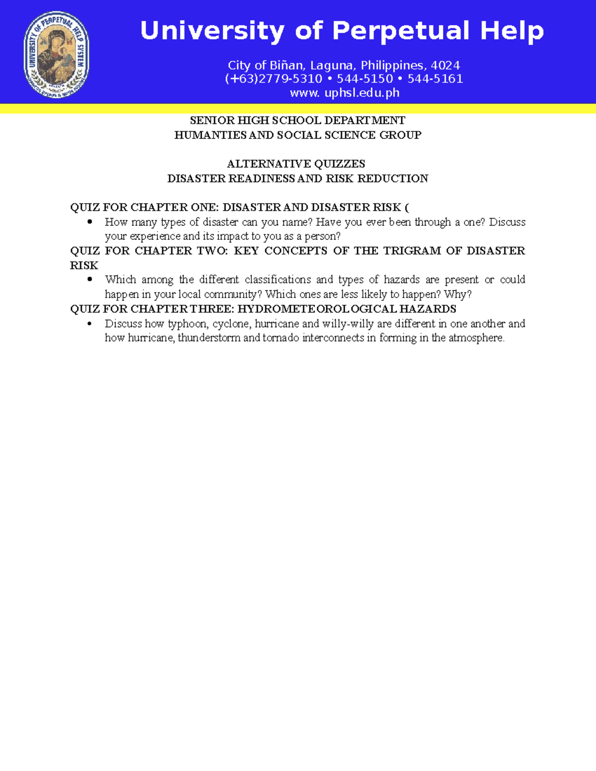 Alternative Quizzes on Disaster Readiness and Risk Reduction ...