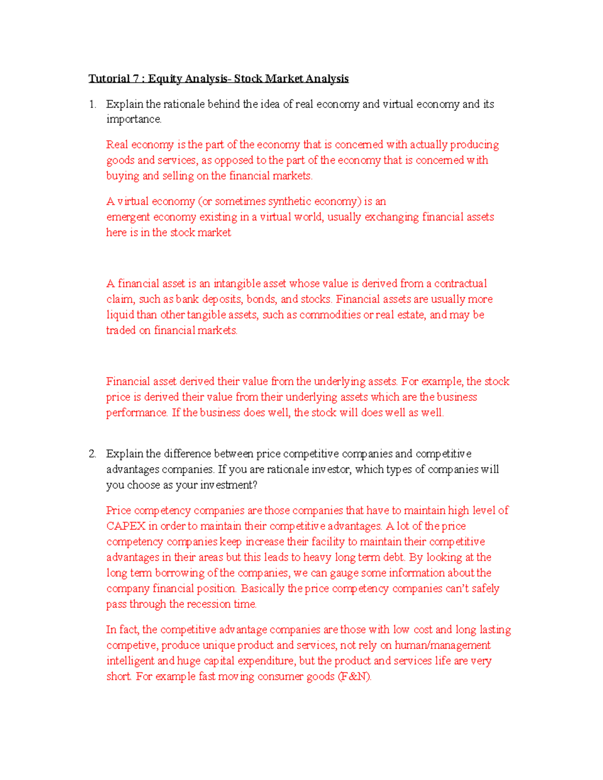 TUTORIAL 7 ANSWER PRATICE - Tutorial 7 : Equity Analysis- Stock Market ...