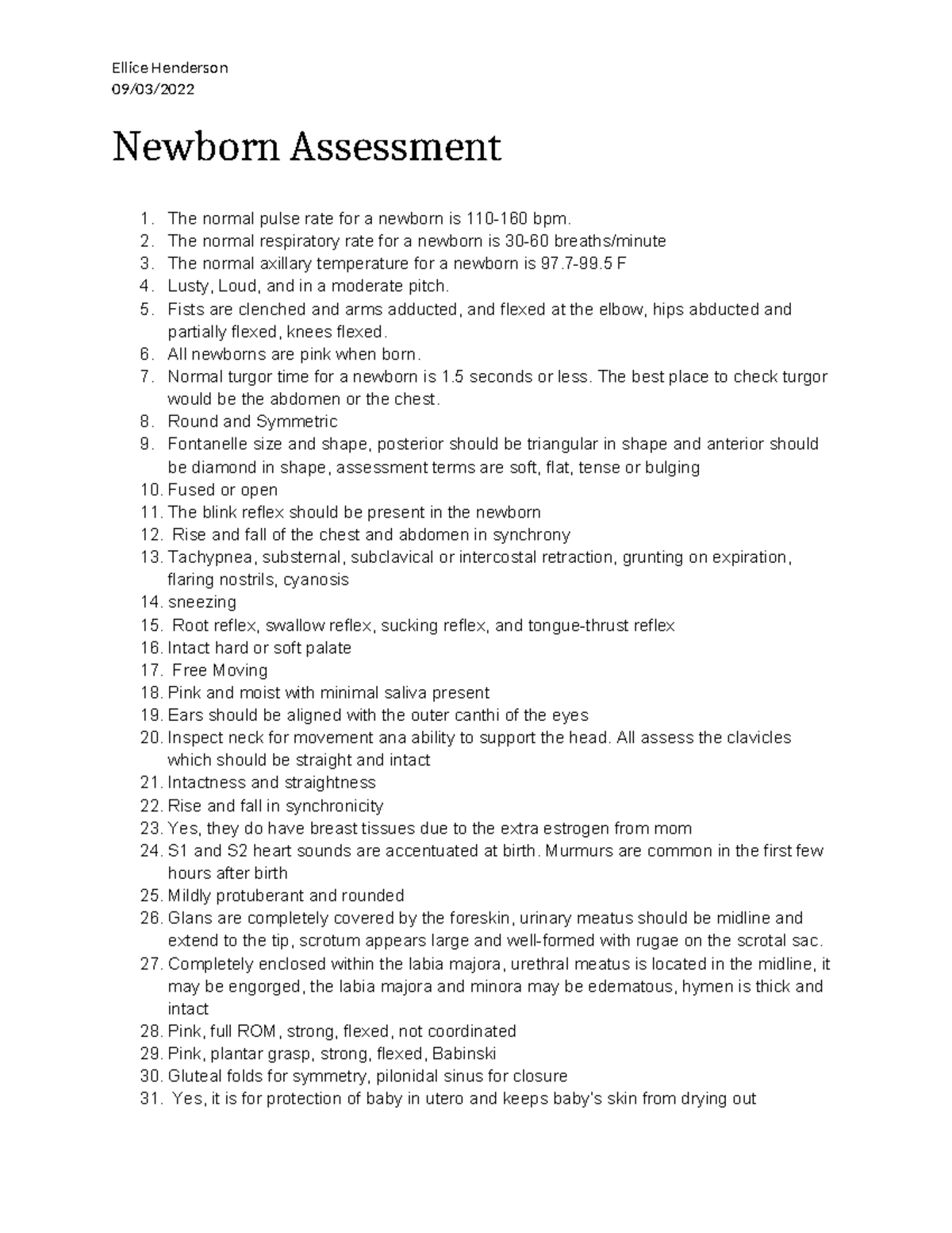 Newborn Assessment - Ellice Henderson 09/03/ Newborn Assessment The ...