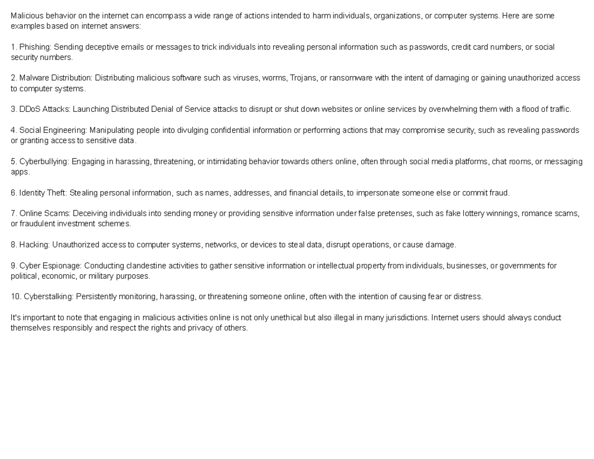 Malicious notes - Malicious behavior on the internet can encompass a ...