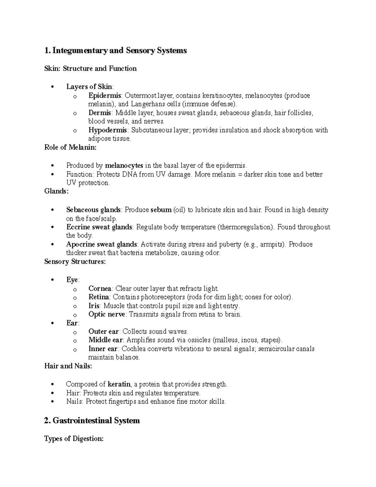 Functions exam review - Study notes! - 1. Integumentary and Sensory ...