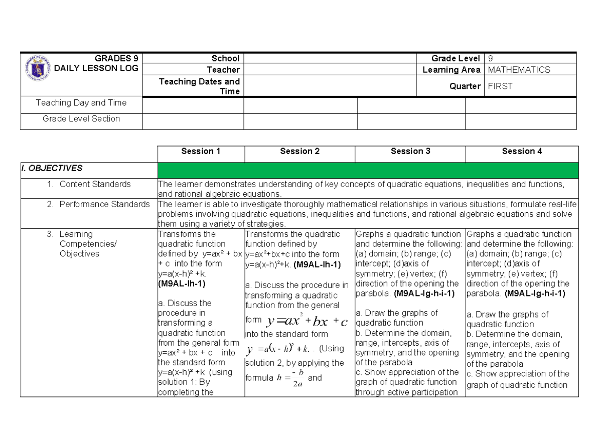 G9 DLL Q1 -WK 7-LC 12,13 - DLP - GRADES 9 DAILY LESSON LOG School Grade ...