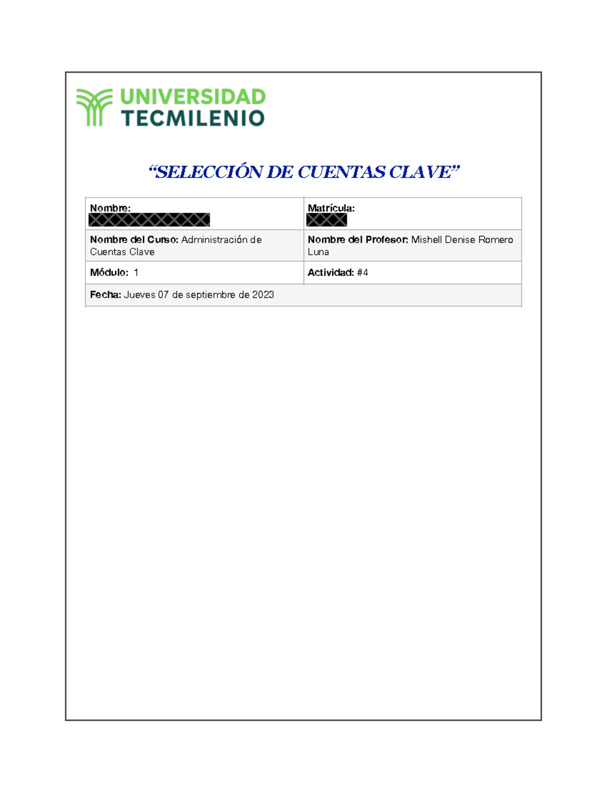 Actividad 4 - ACC - “SELECCIÓN DE CUENTAS CLAVE” Nombre: Matrícula ...