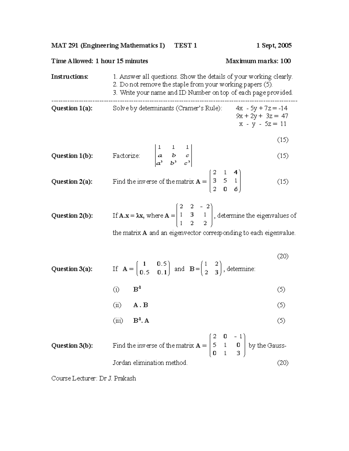 MAT 291(Test 1-2005 ) - examination paper of engineering mathematics ...