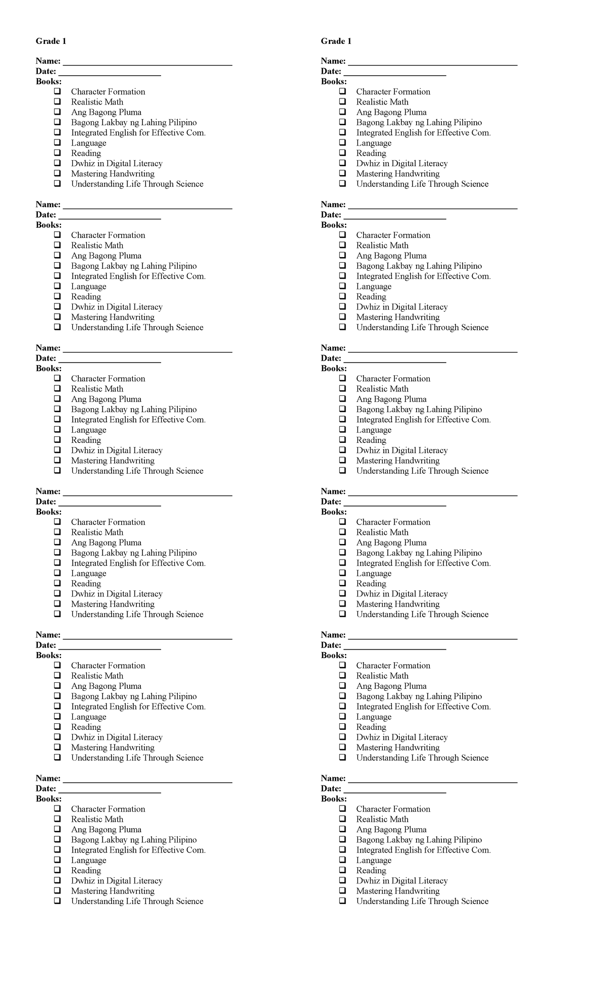 Books 1-10 - n/a - Grade 1 Name ...