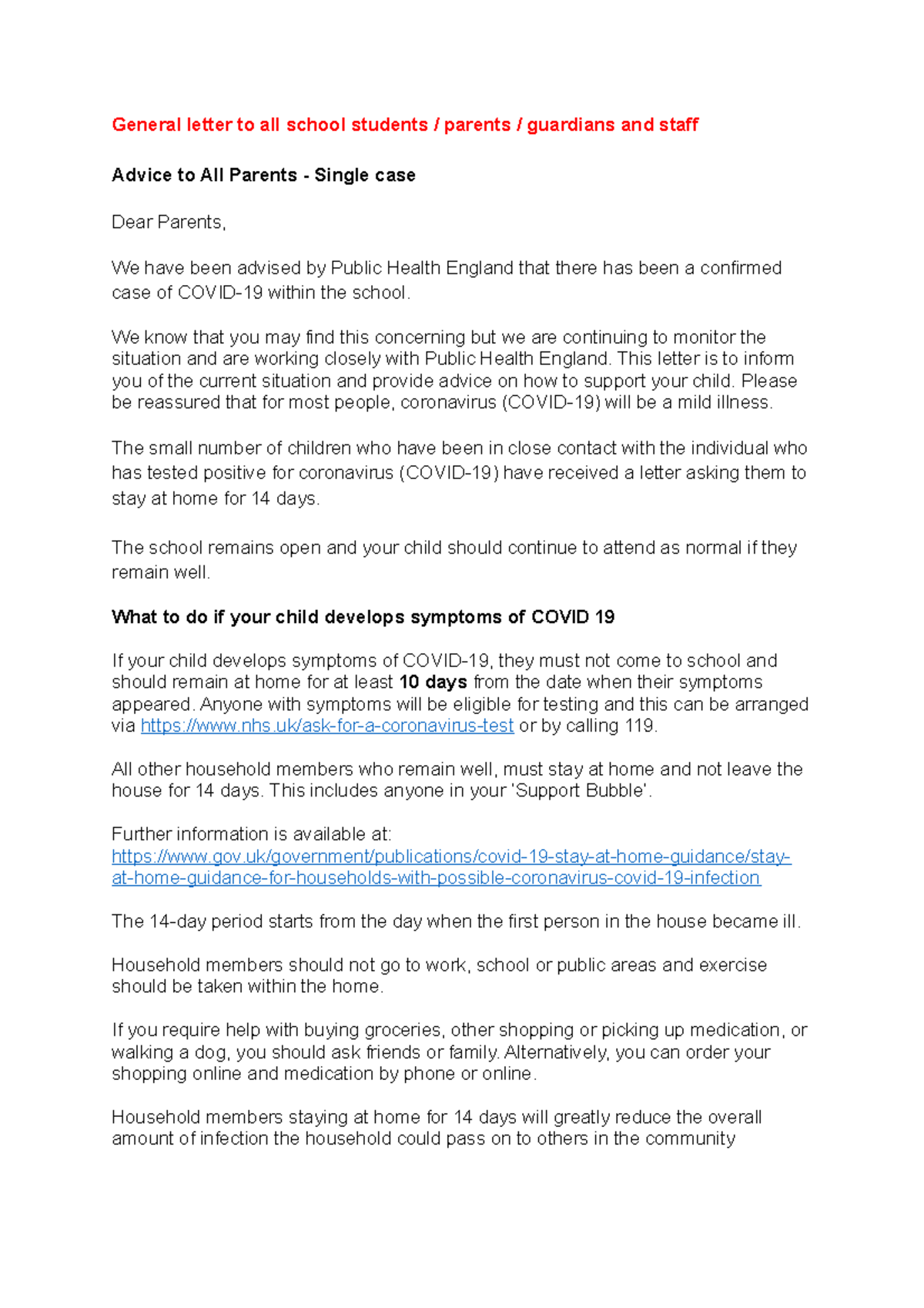 General letter to all school students parents guardians and staff ...