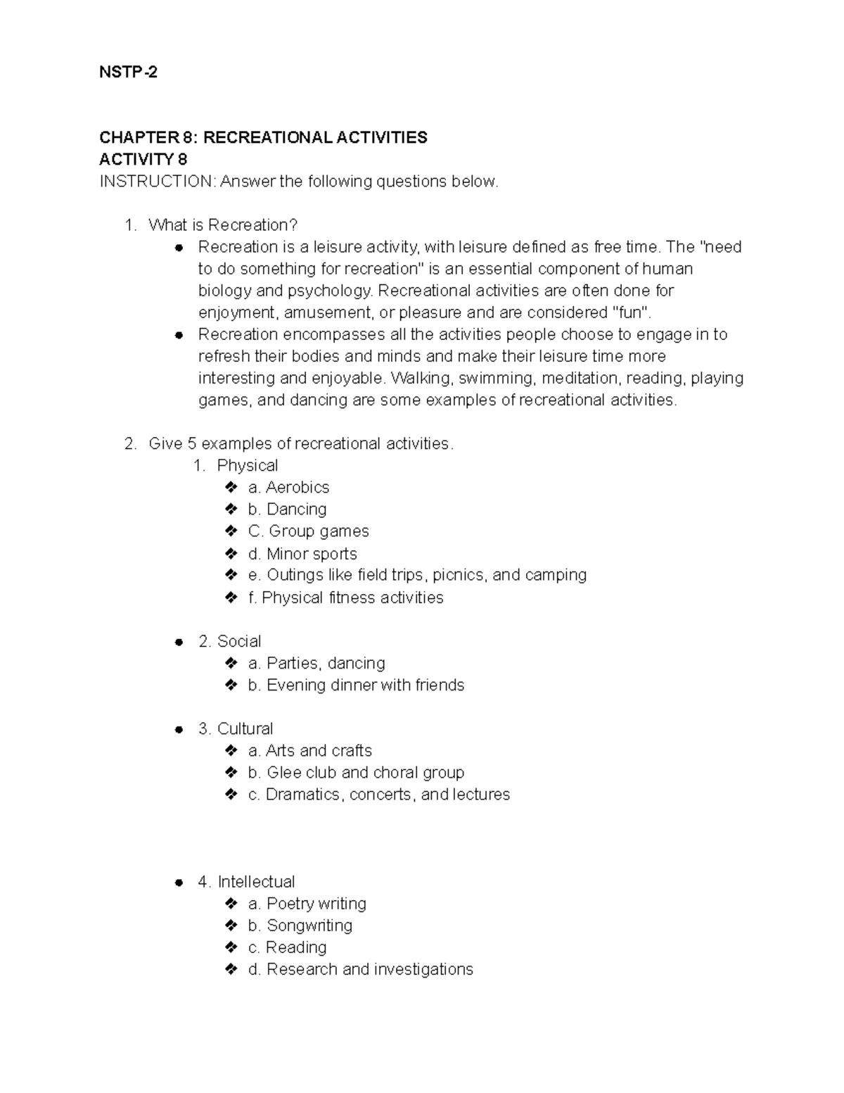 NSTP2 Activity 8 - RECREATIONAL ACTIVITIES - NSTP- CHAPTER 8 ...