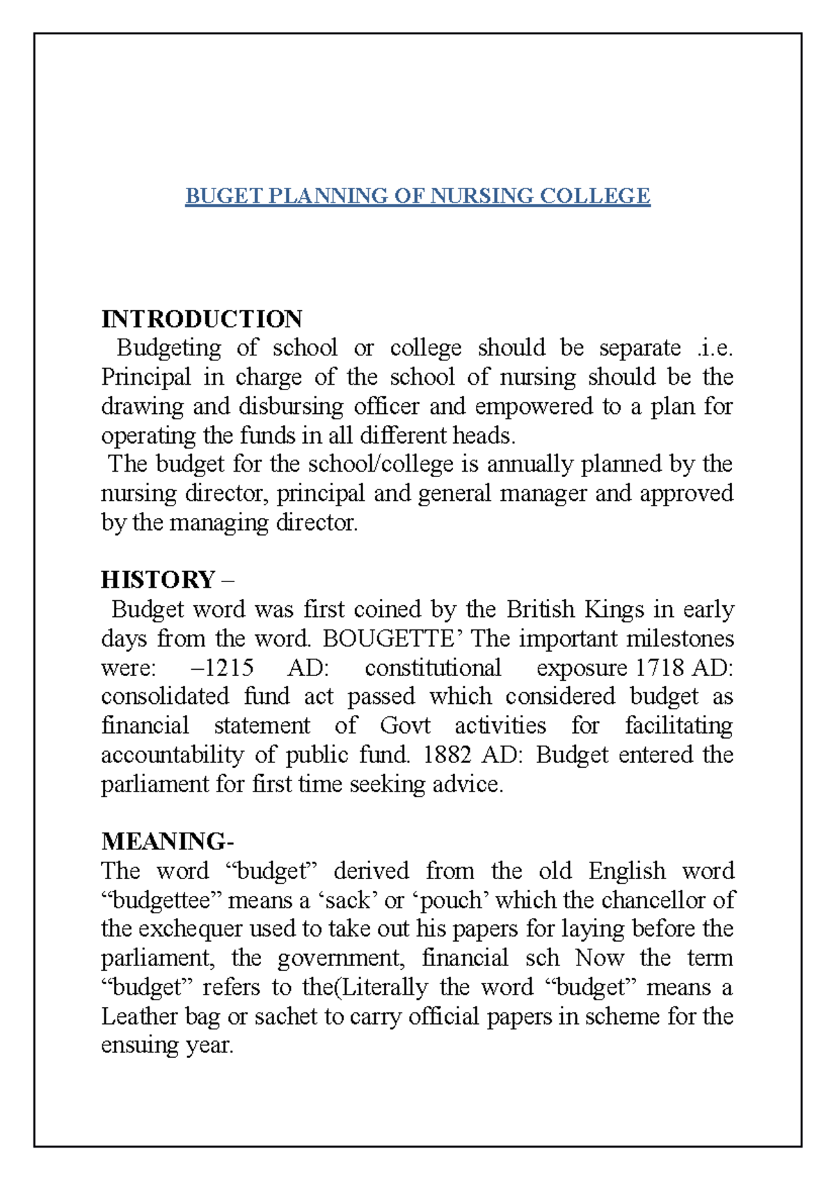 Budgeting - Nursing Management - BUGET PLANNING OF NURSING COLLEGE ...