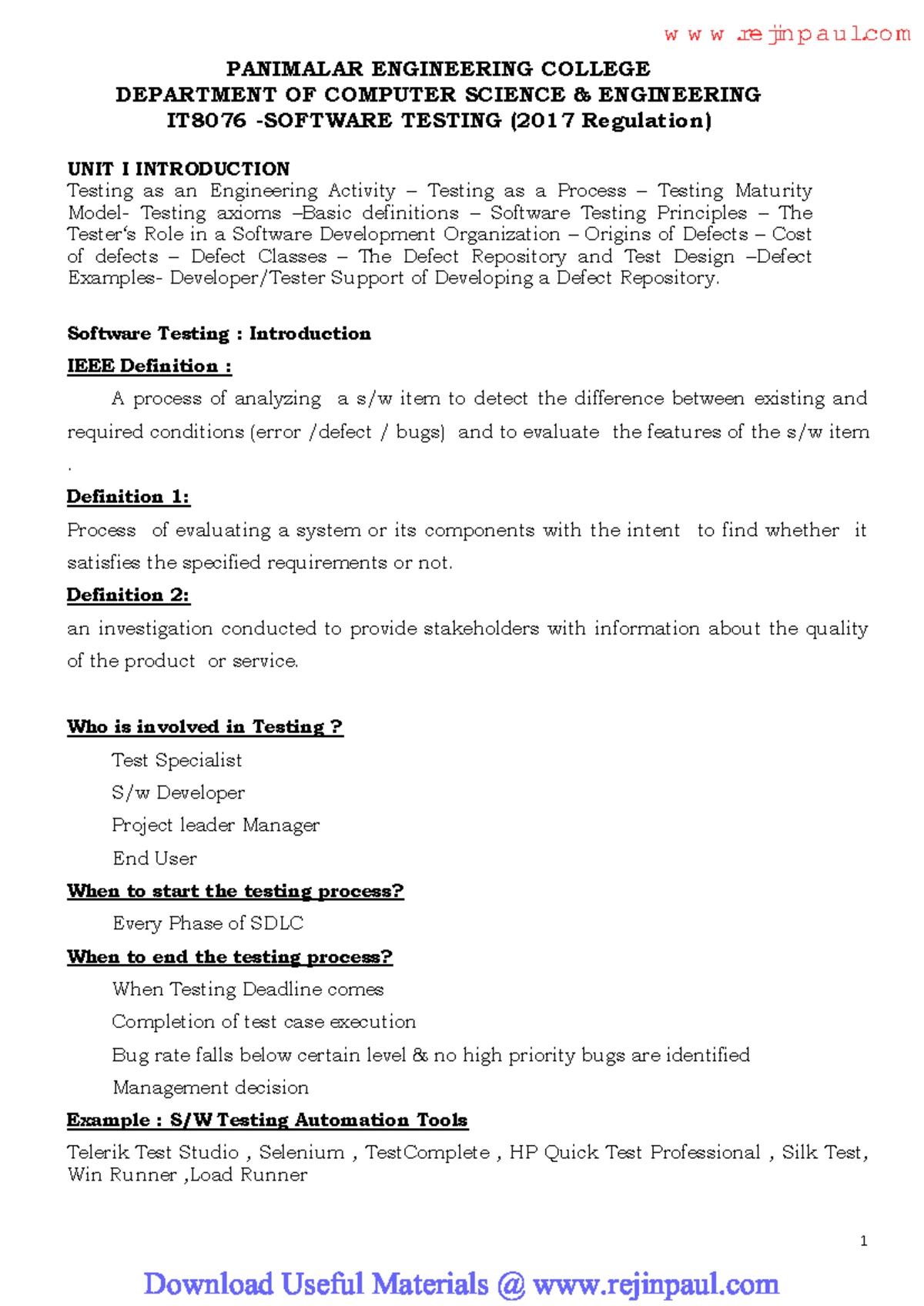SPT UNIT-1 CLEAR AND DETAILED NOTES - 1 PANIMALAR ENGINEERING COLLEGE ...