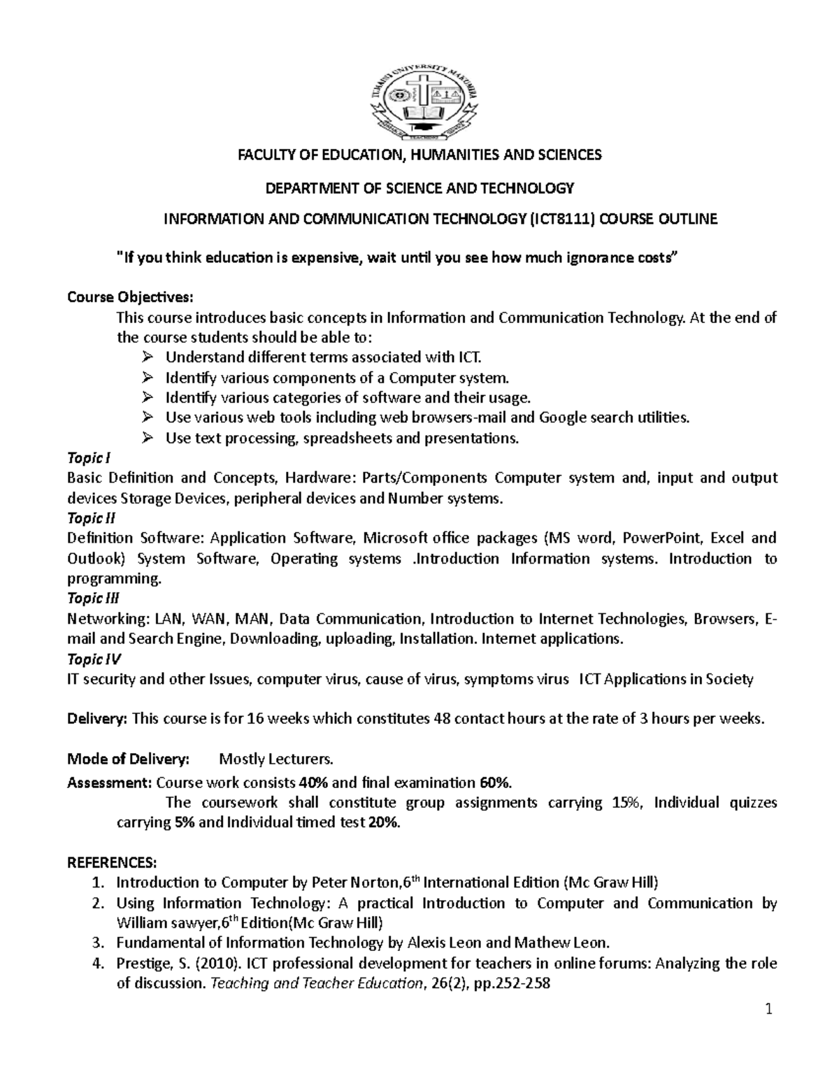 ICT HAND BOOK - ict - 1 FACULTY OF EDUCATION, HUMANITIES AND SCIENCES ...